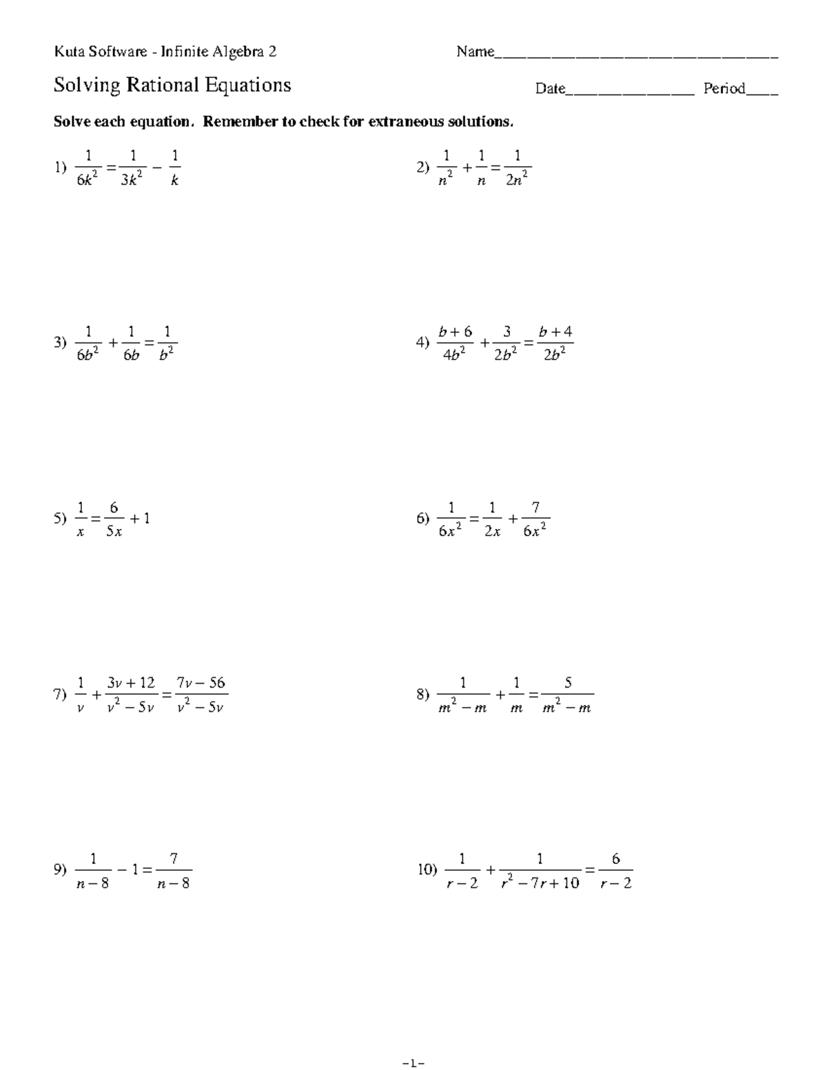 Infinite Algebra 2 - Solving Rational Equations Worksheet - Studocu