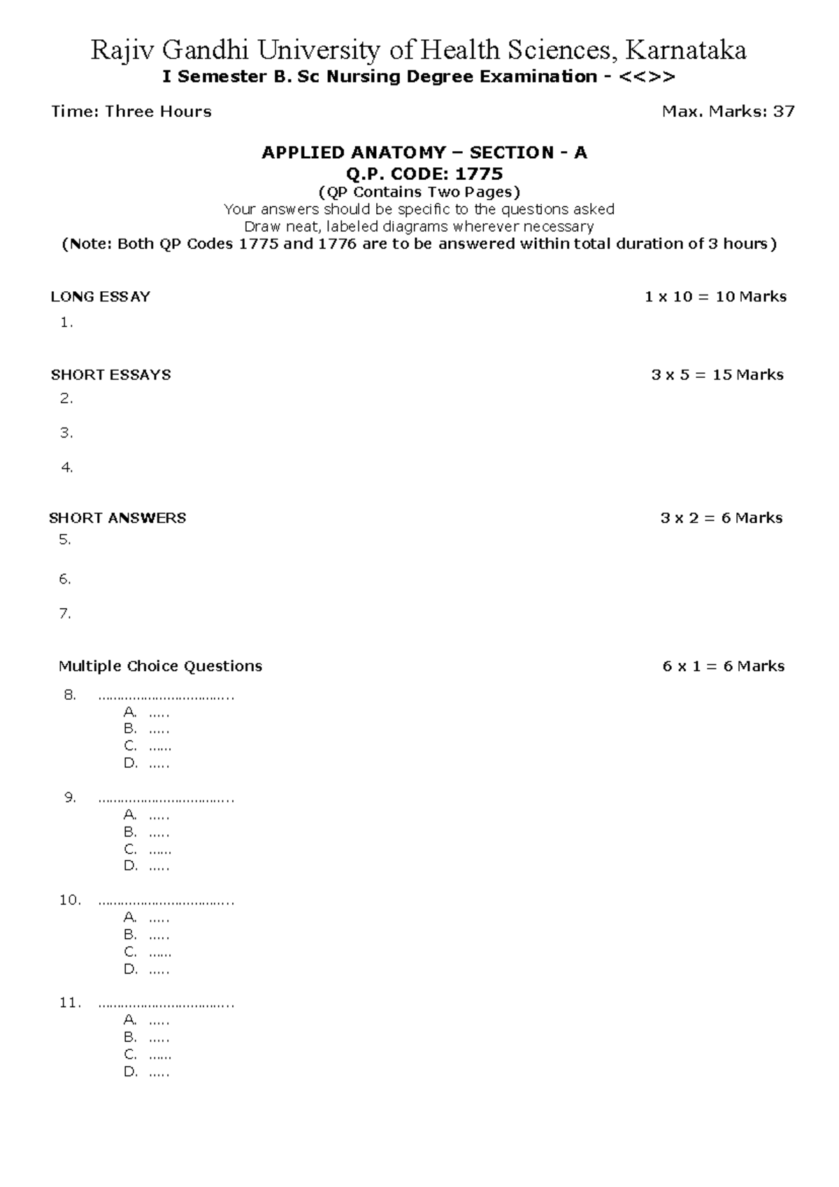 B.Sc Nursing 1st Sem Exam Blueprint: Applied Anatomy & Physiology - Studocu
