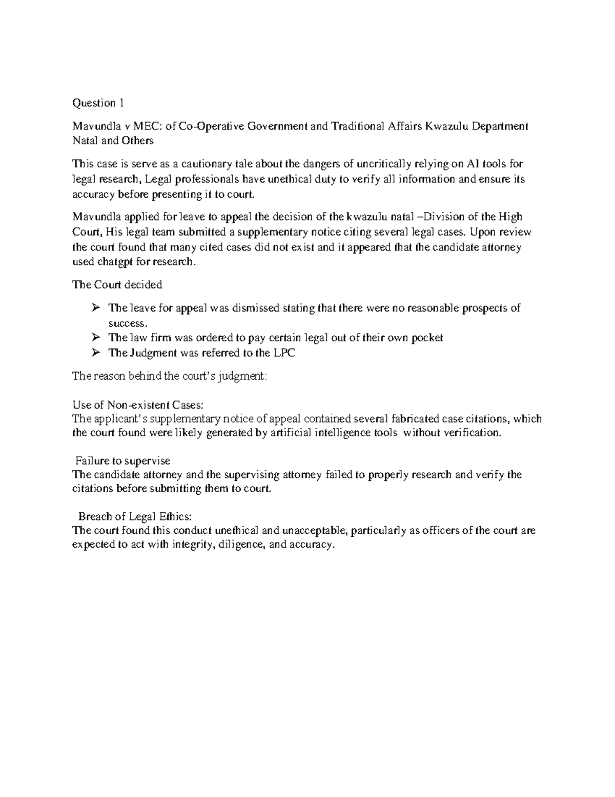 Civil Assignment 2: Mavundla v MEC Case Study on AI Ethics in Law - Studocu