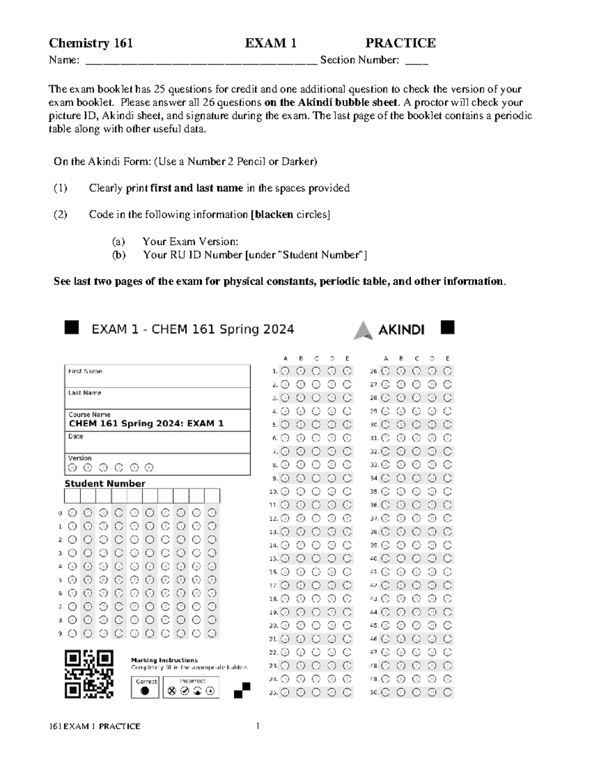 Chemistry 161 Practice Exam 1: Comprehensive Study Guide - Studocu