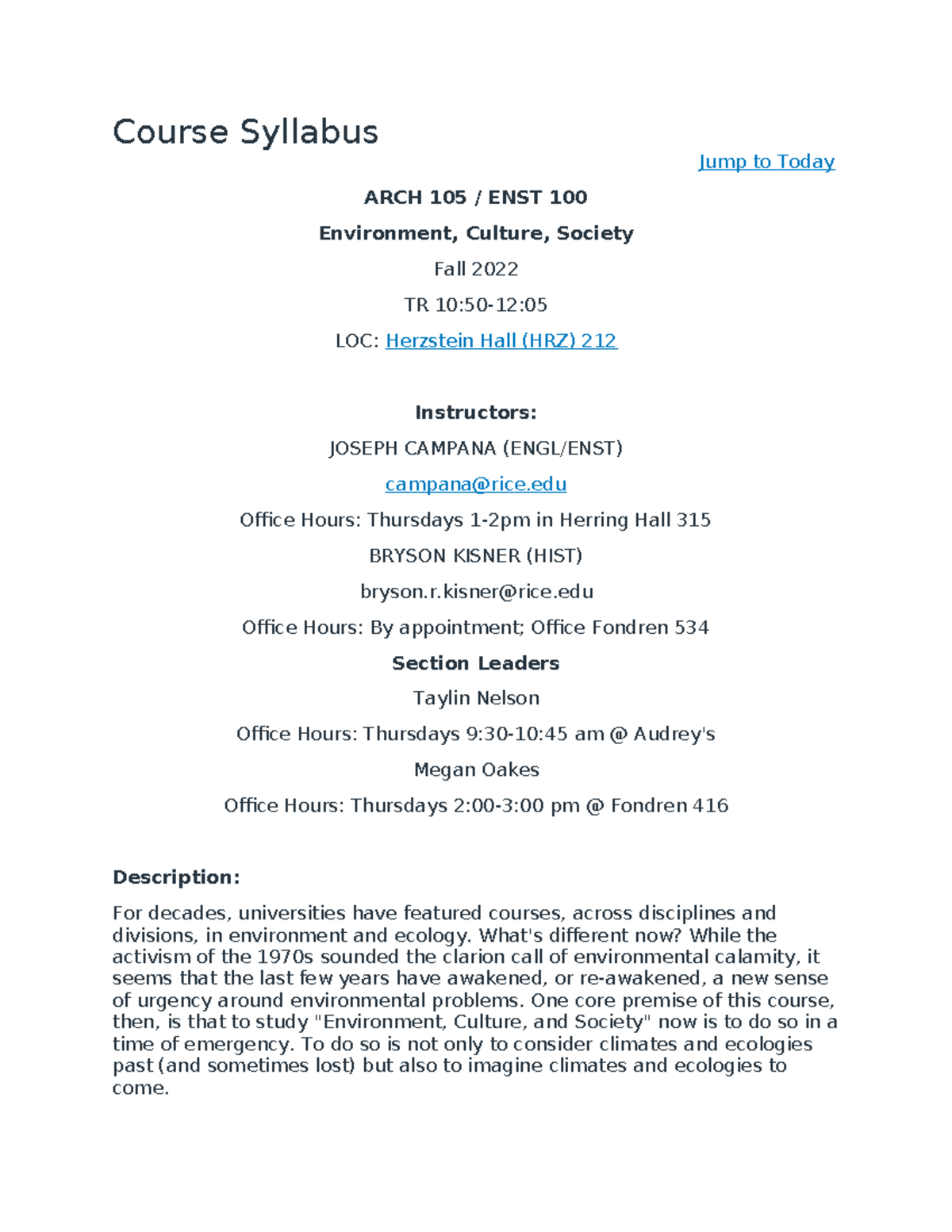 ENST 100/ARCH 105 Syllabus: Environment, Culture, Society Fall 2022 ...