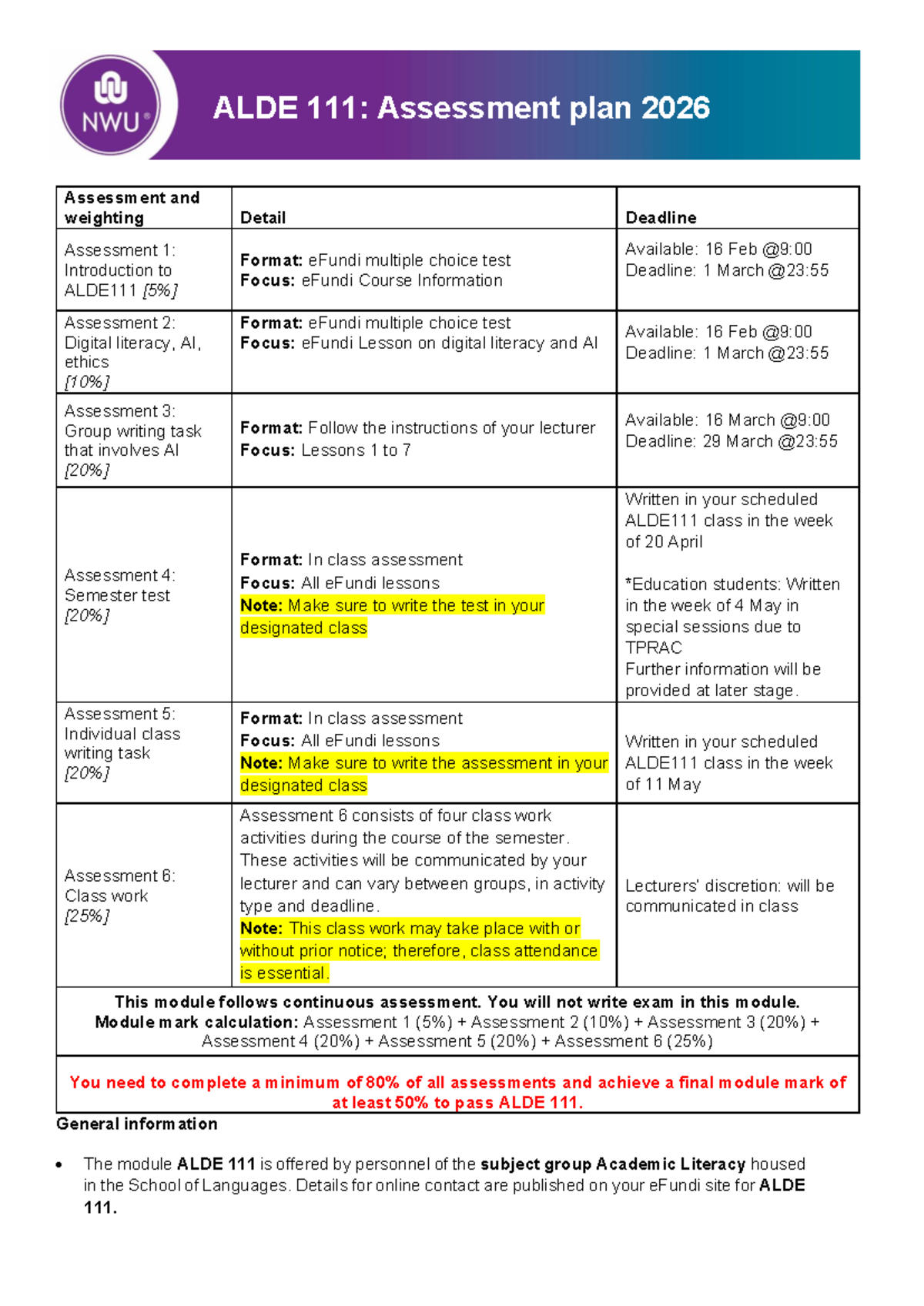 ALDE 111 Assessment Plan 2026: Overview of Assessments and Deadlines ...
