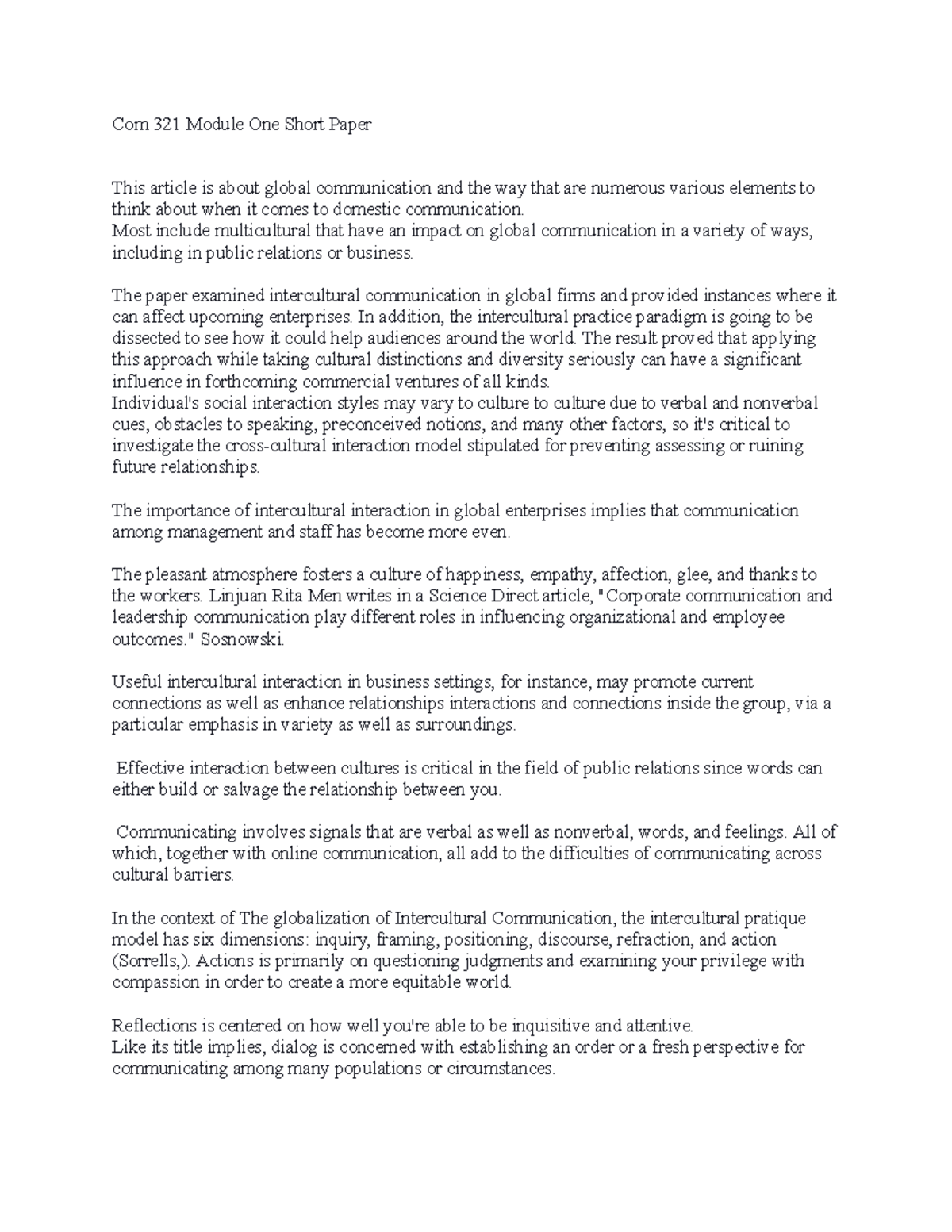 Com 321 Module 1 Short Paper on Global Intercultural Communication ...