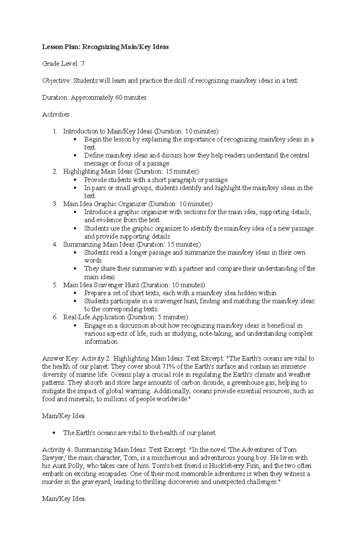 English-7-Lesson Plan: Recognizing Main Ideas & Listening Strategies ...