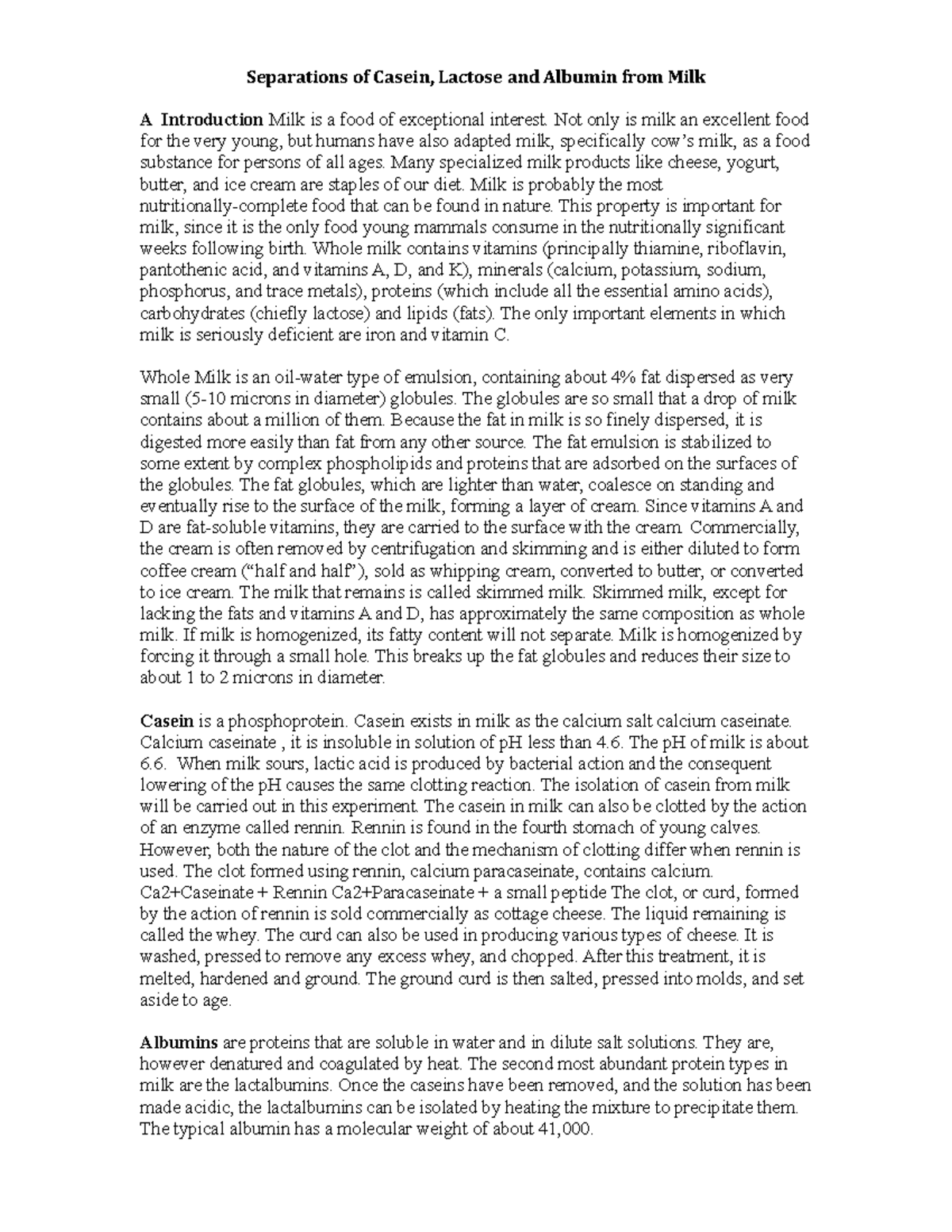 Isolation of Casein, Lactose, and Albumin from Milk - Chem Lab - Studocu