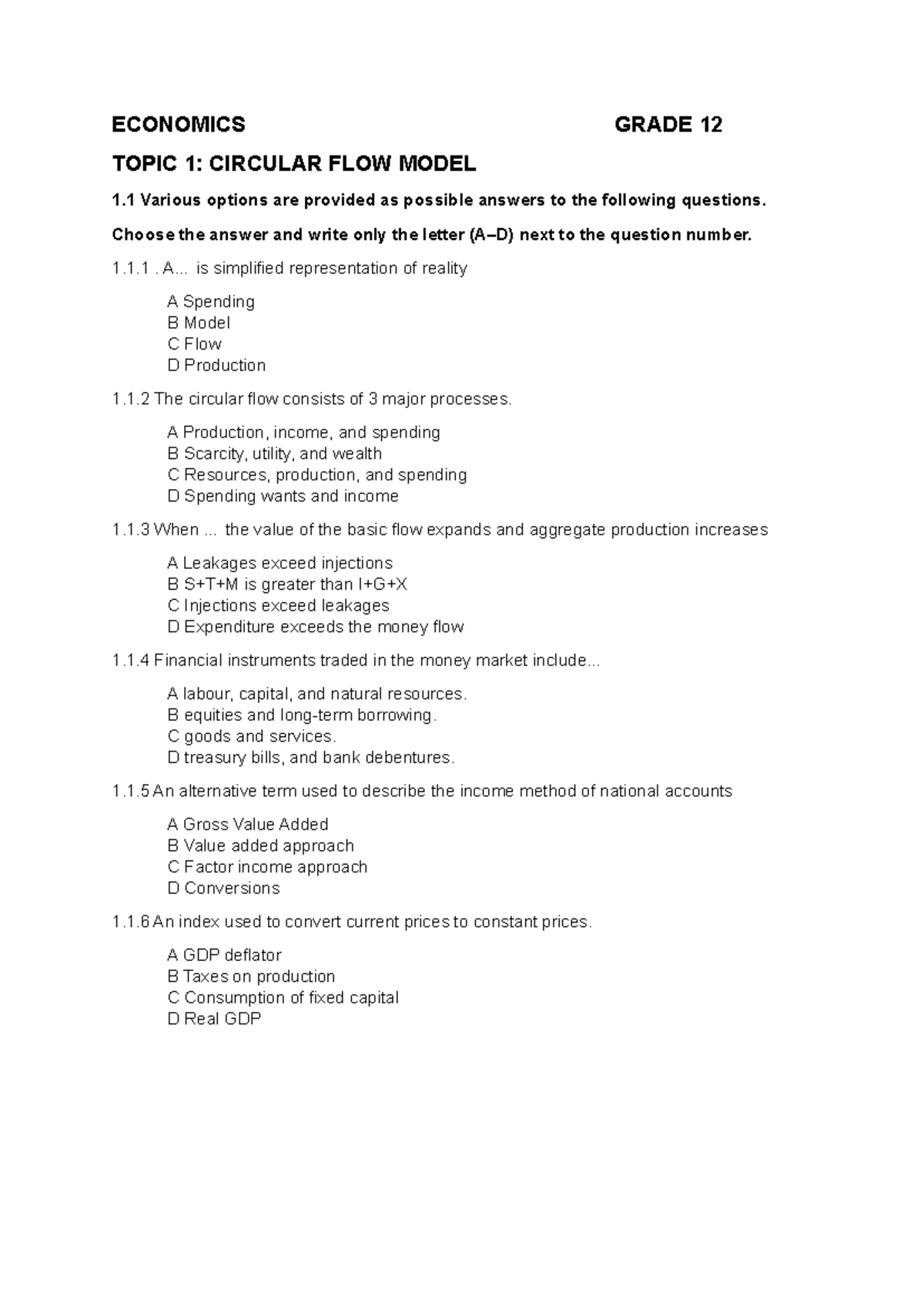 ECON 12: Topic 1 Circular Flow Model Activities - Notes - Studocu