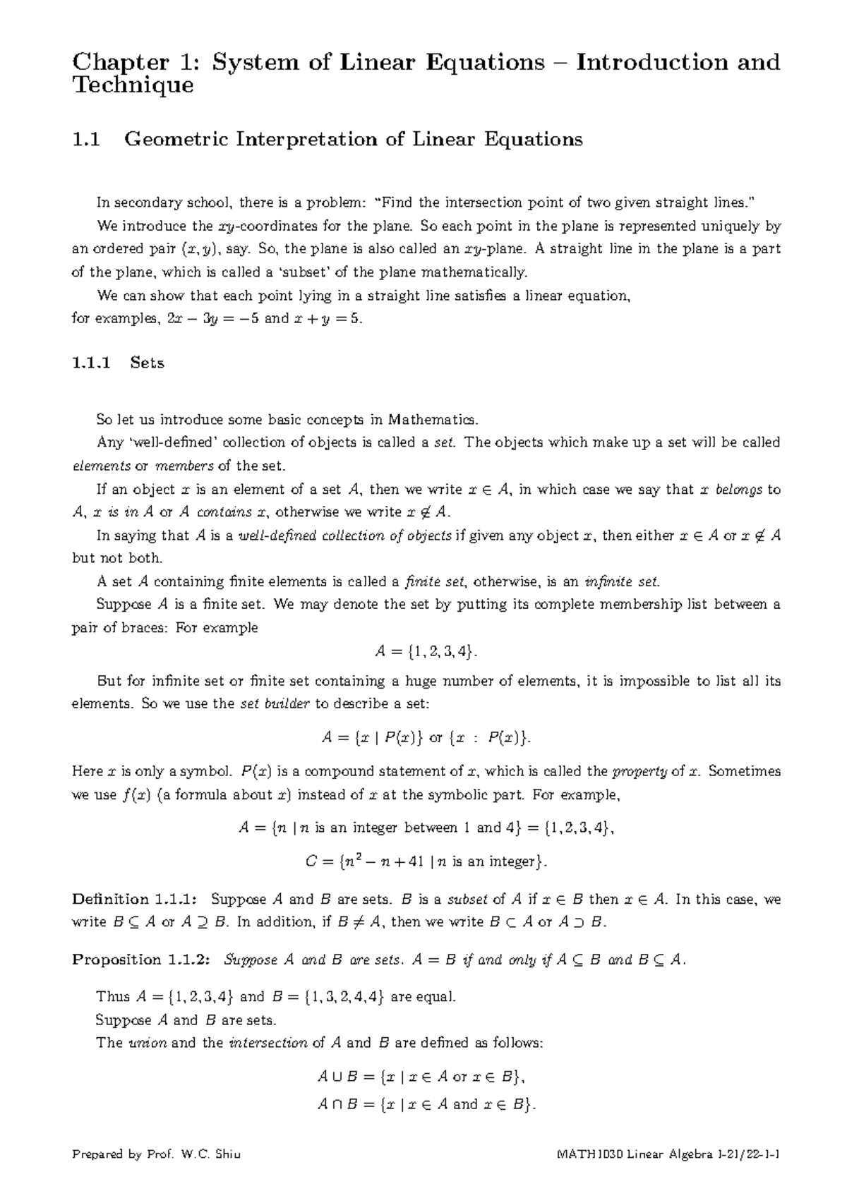 MATH1030 Lecture Notes: Chapter 1 - Linear Equations & Sets - Studocu