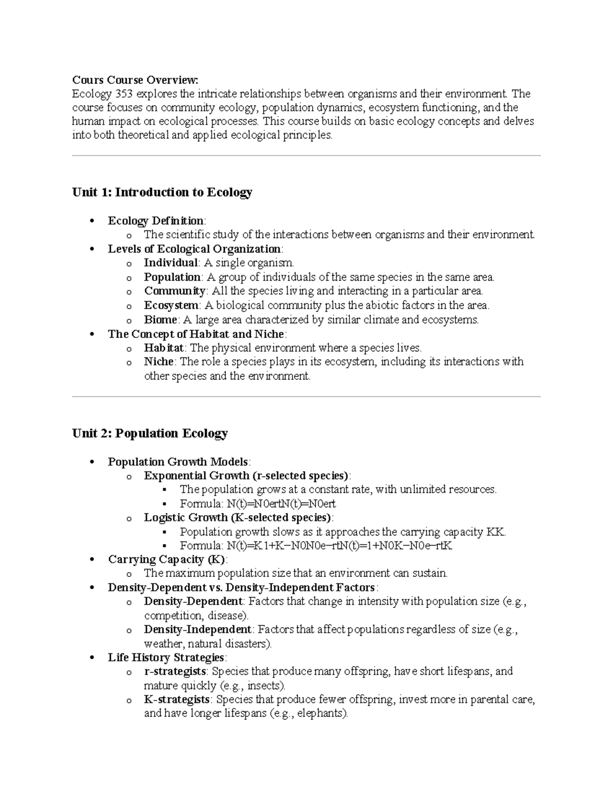 Ecology 353 - Comprehensive Lecture Notes on Ecological Principles ...