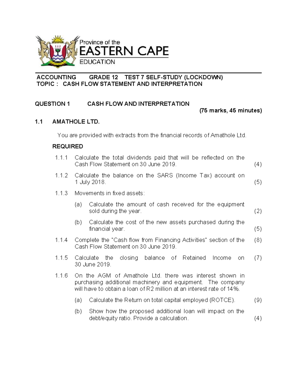 Accounting Grade 12 Test 7: Cash Flow Statement Analysis & Exercises ...