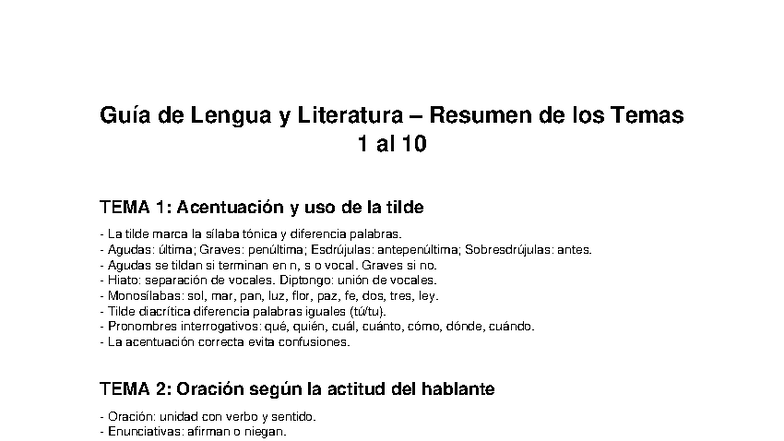 Guía de Lengua y Literatura: Resumen Temas 1-10 - Studocu