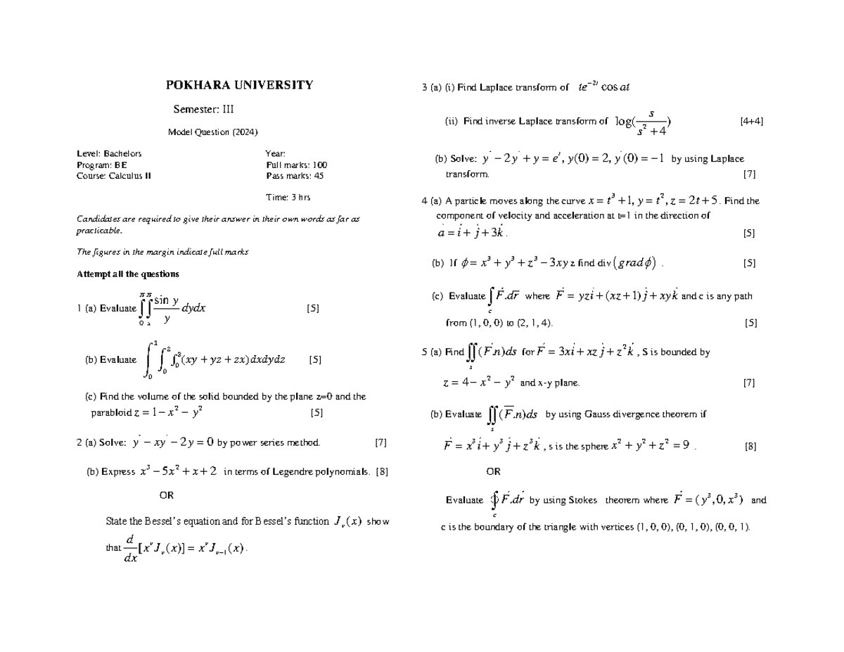 Calculus II Model Questions (2024) - POKHARA UNIVERSITY - Studocu
