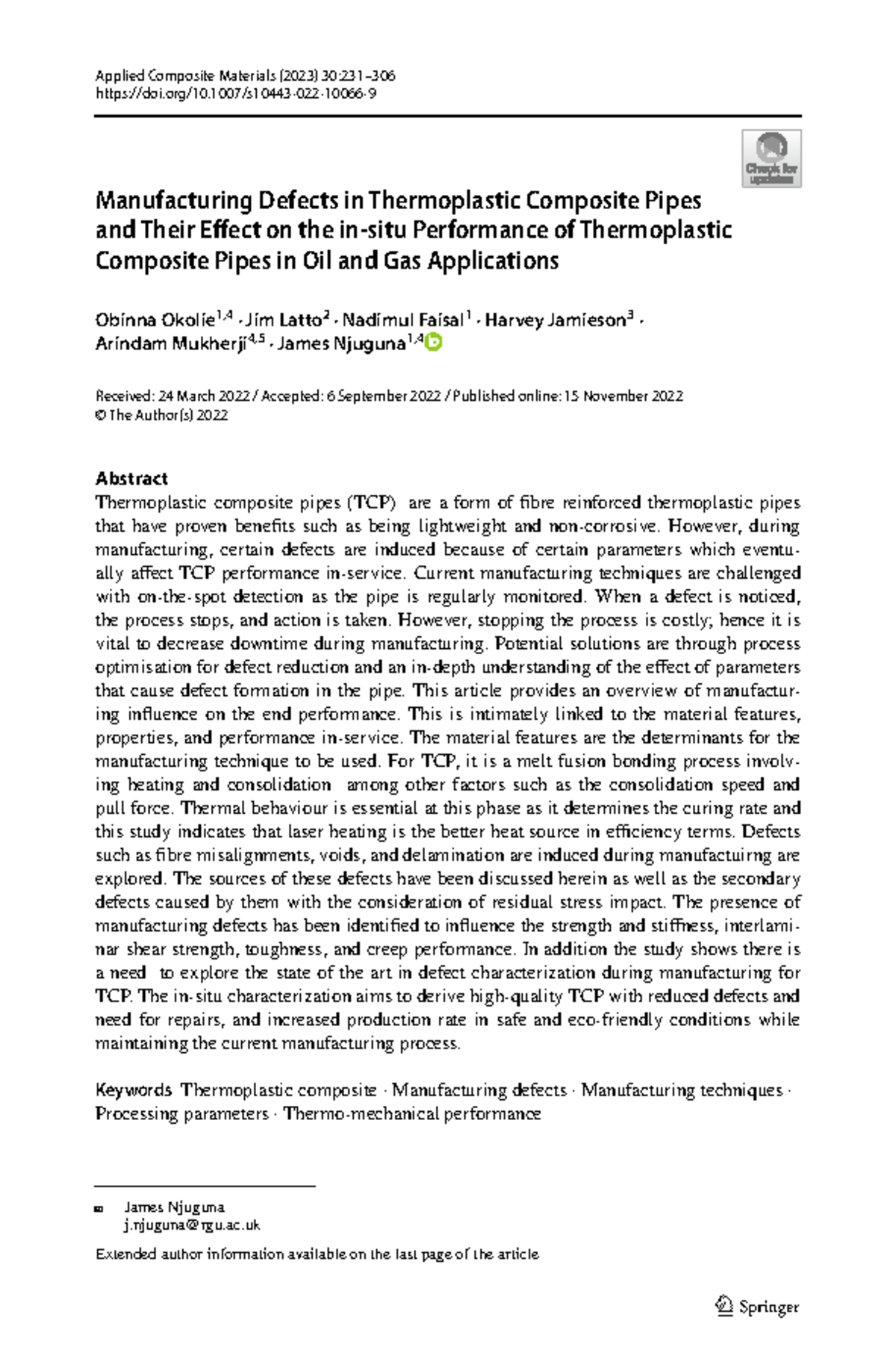 Manufacturing Defects in Thermoplastic Composite Pipes: Impact on ...