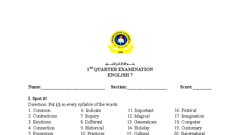 1ST QUARTER EXAMINATION ENGLISH 7: Syllables & Sentence Types - Studocu