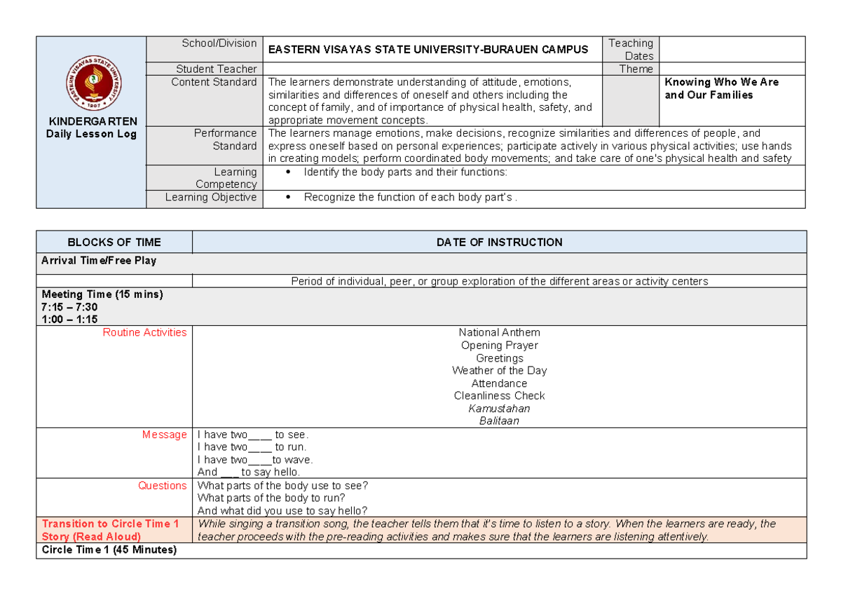 KINDERGARTEN Daily Lesson Log: Understanding Body Parts & Functions ...