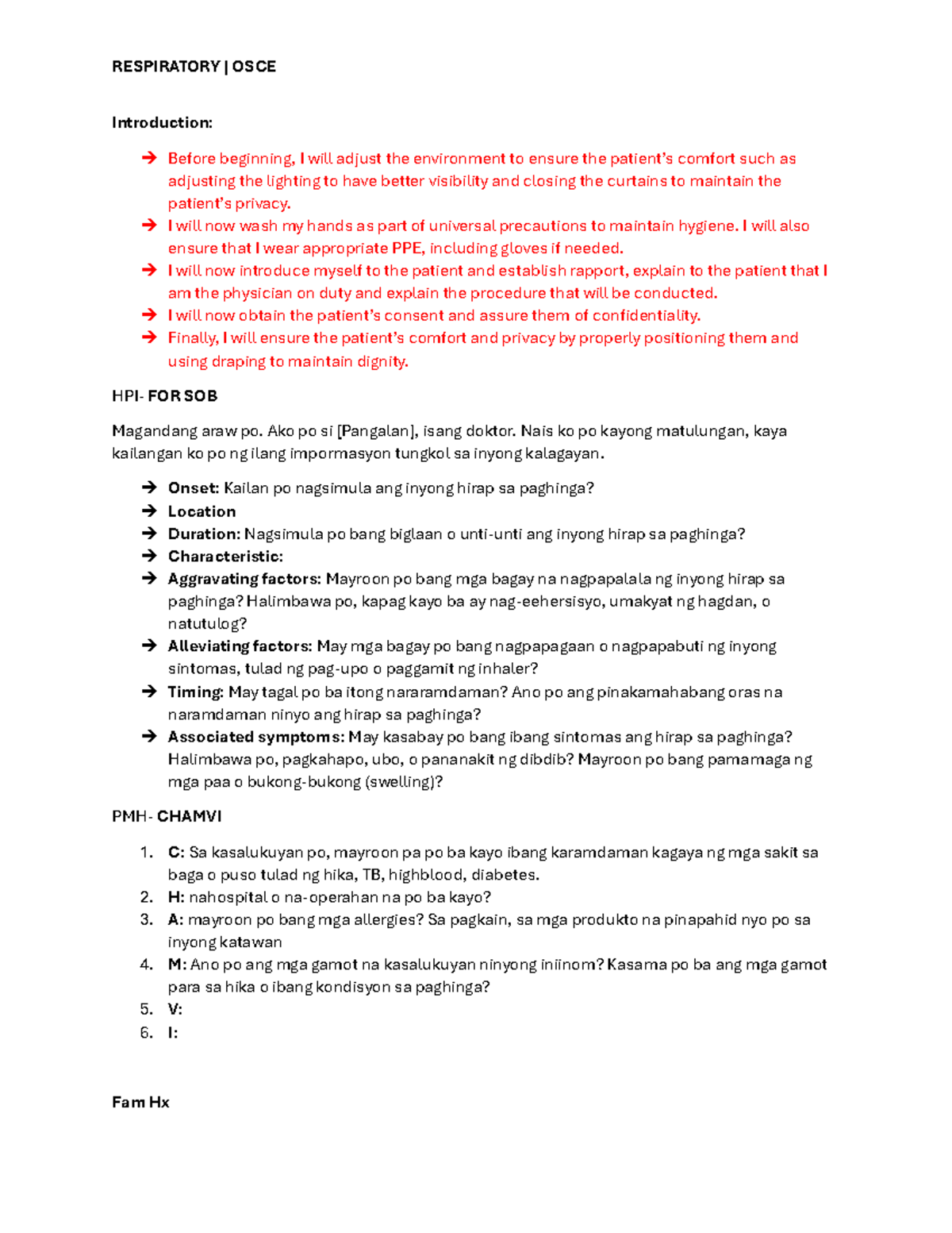 RESPIRATORY OSCE: Patient Assessment and History Taking Guide - Studocu