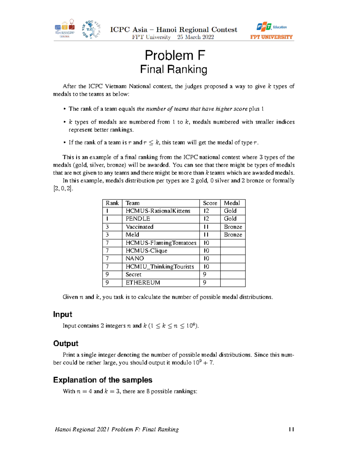 ICPC - Final Ranking Problem F: Medal Distribution Analysis - Studocu