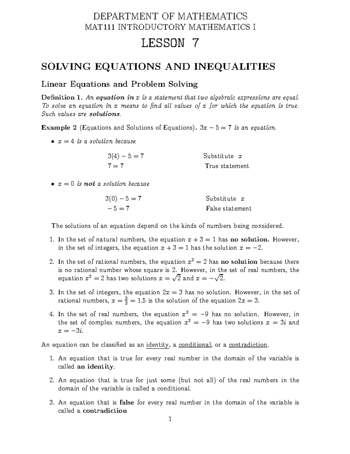 MAT111 Lesson 7: Solving Equations & Inequalities Overview - Studocu