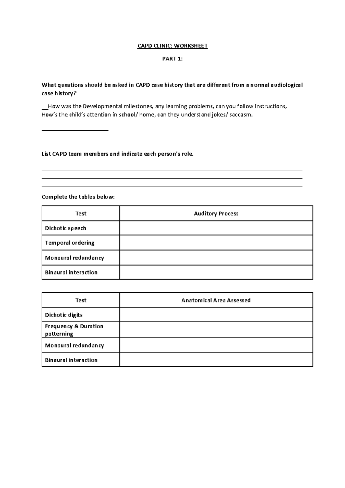 CAPD Worksheet: Clinical Case History and Assessment Analysis - Studocu