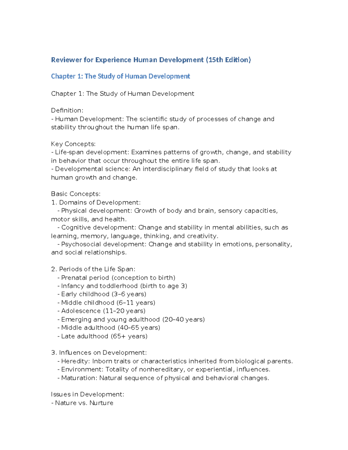 Human Development (15th Ed) Chapter 1 & 2 Review Notes - Studocu