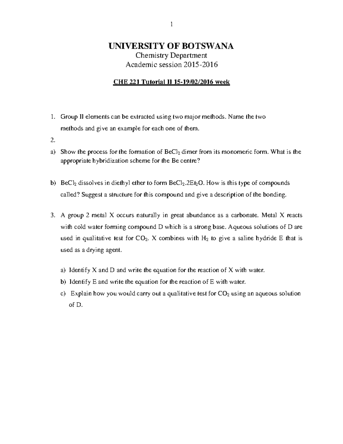 CHE 221 Tutorial II: Group II Elements & BeCl2 Dimer Formation - Studocu