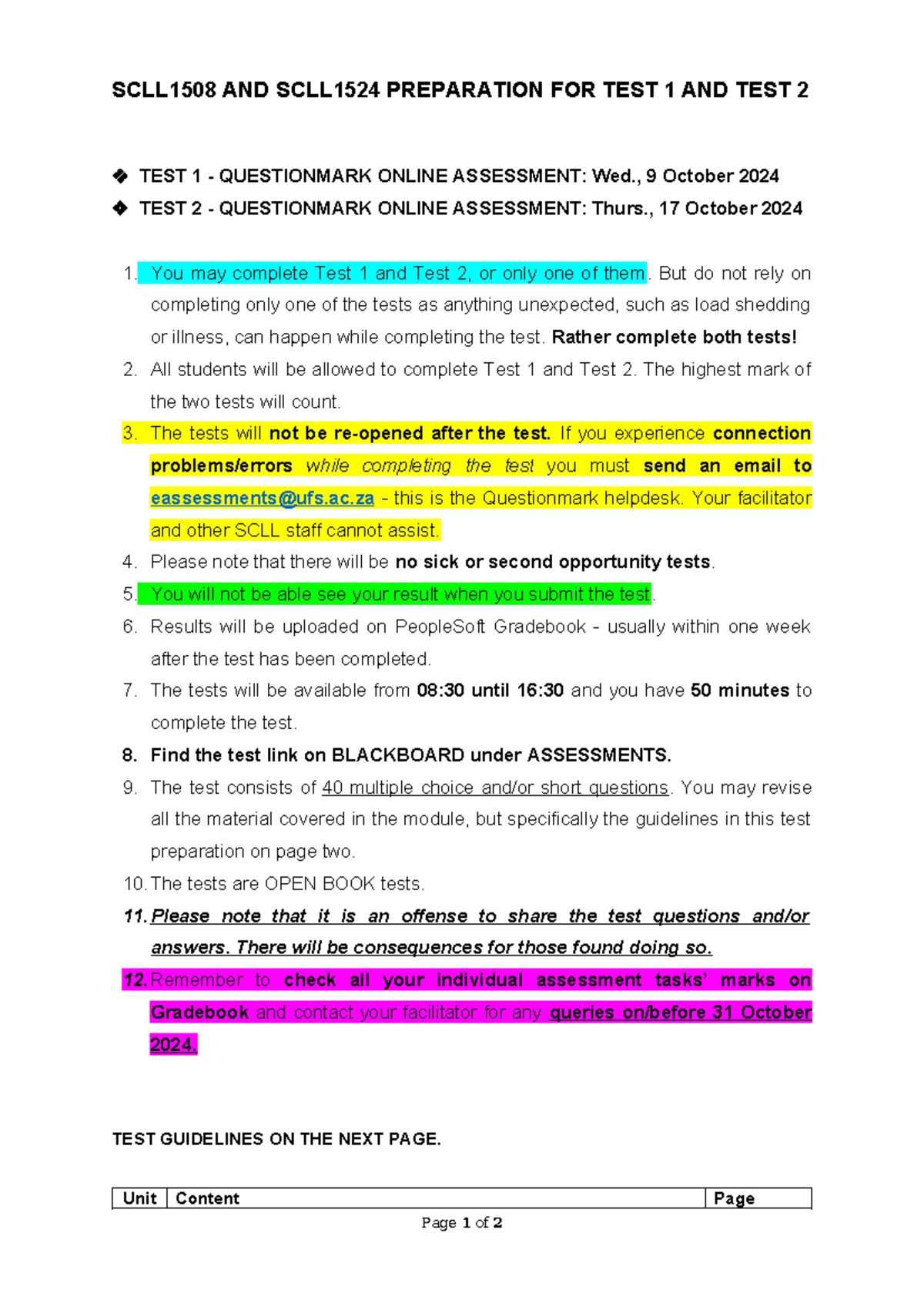 SCLL1508 & SCLL1524 Test 1 & 2 Prep Guidelines and Info - Studocu