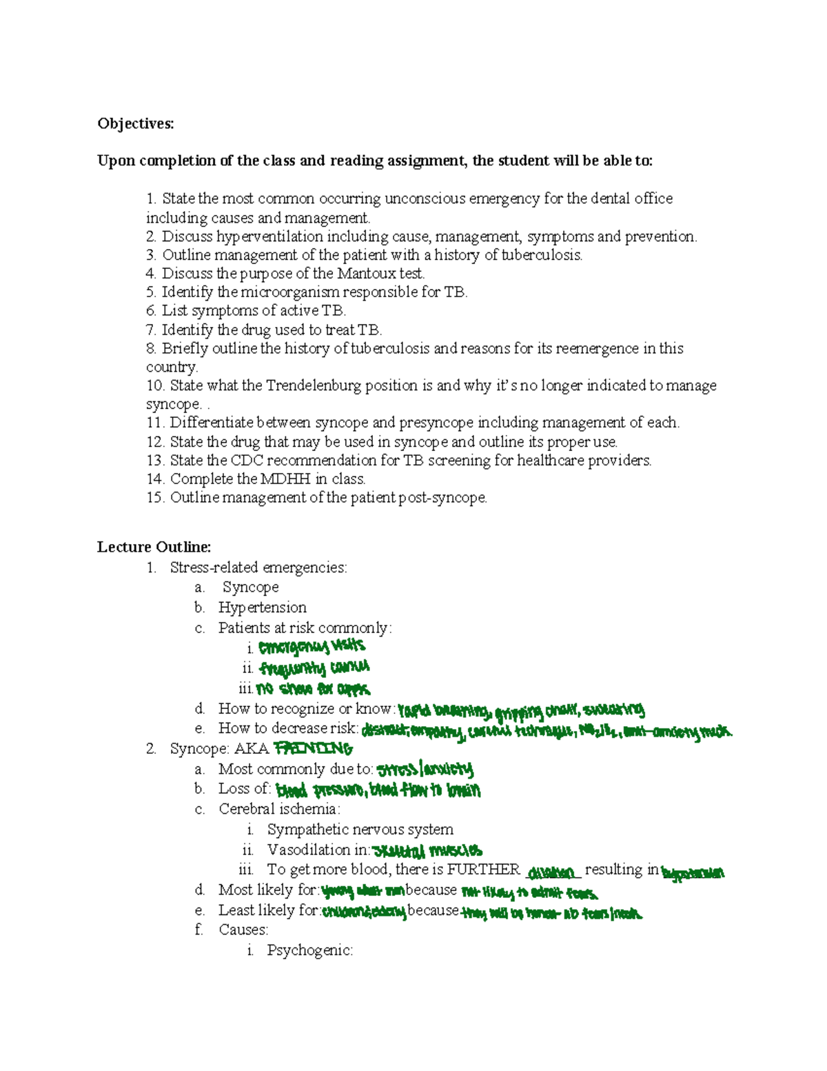 Managing Syncope and TB in Dental Practice: Lecture Notes - Studocu