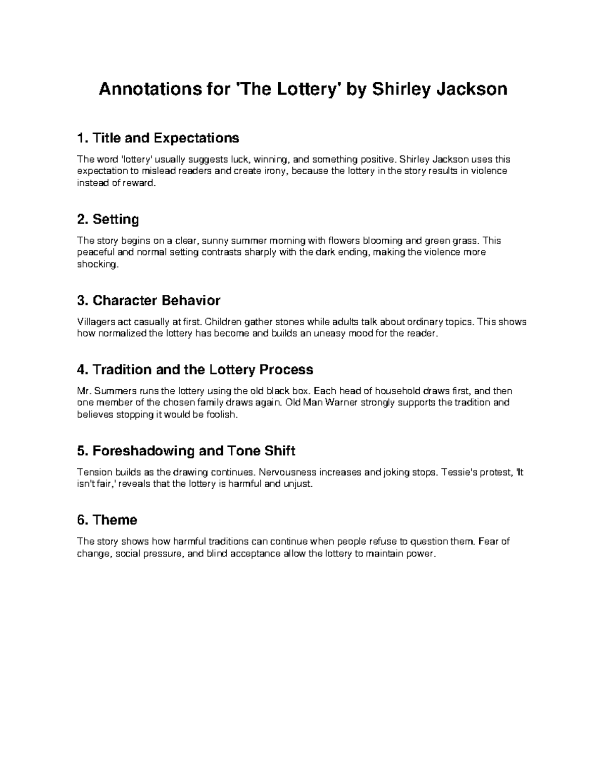 The Lottery (ENG 101) Annotations: Analyzing Shirley Jackson's Irony ...
