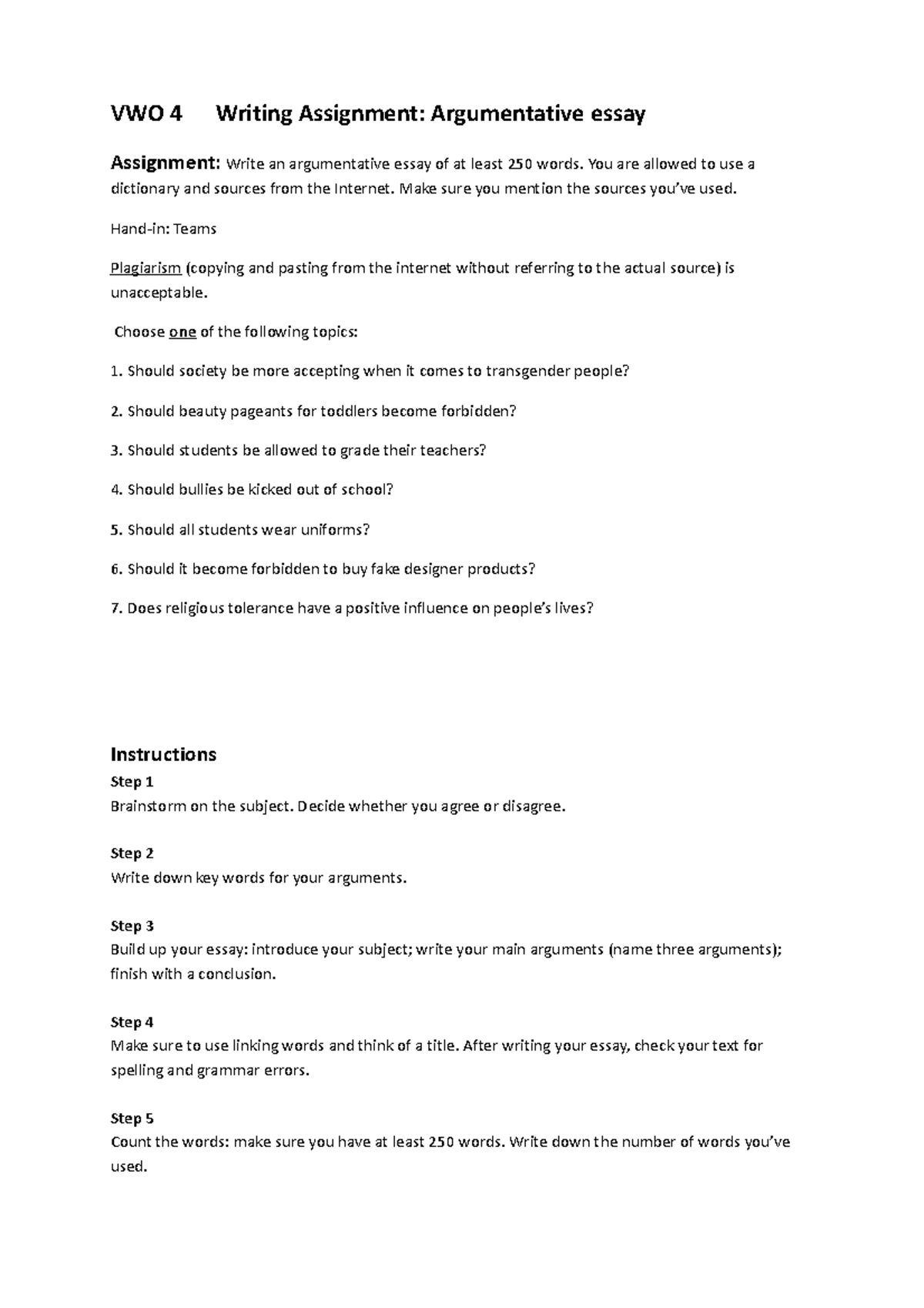 VWO 4 Writing Assignment: Topics for Argumentative Essays - Studeersnel