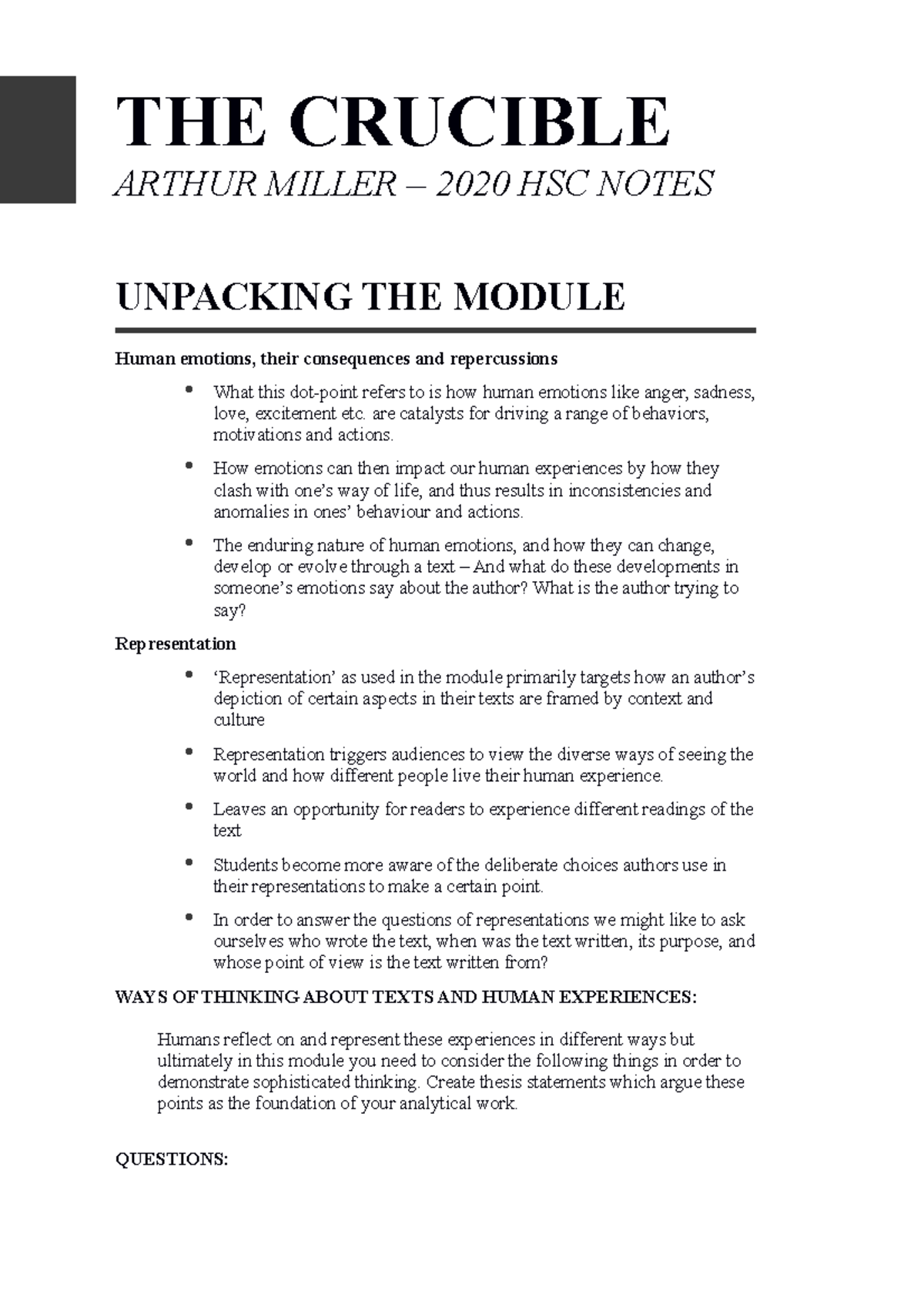 Crucible Notes - THE CRUCIBLE ARTHUR MILLER – 2020 HSC NOTES UNPACKING ...