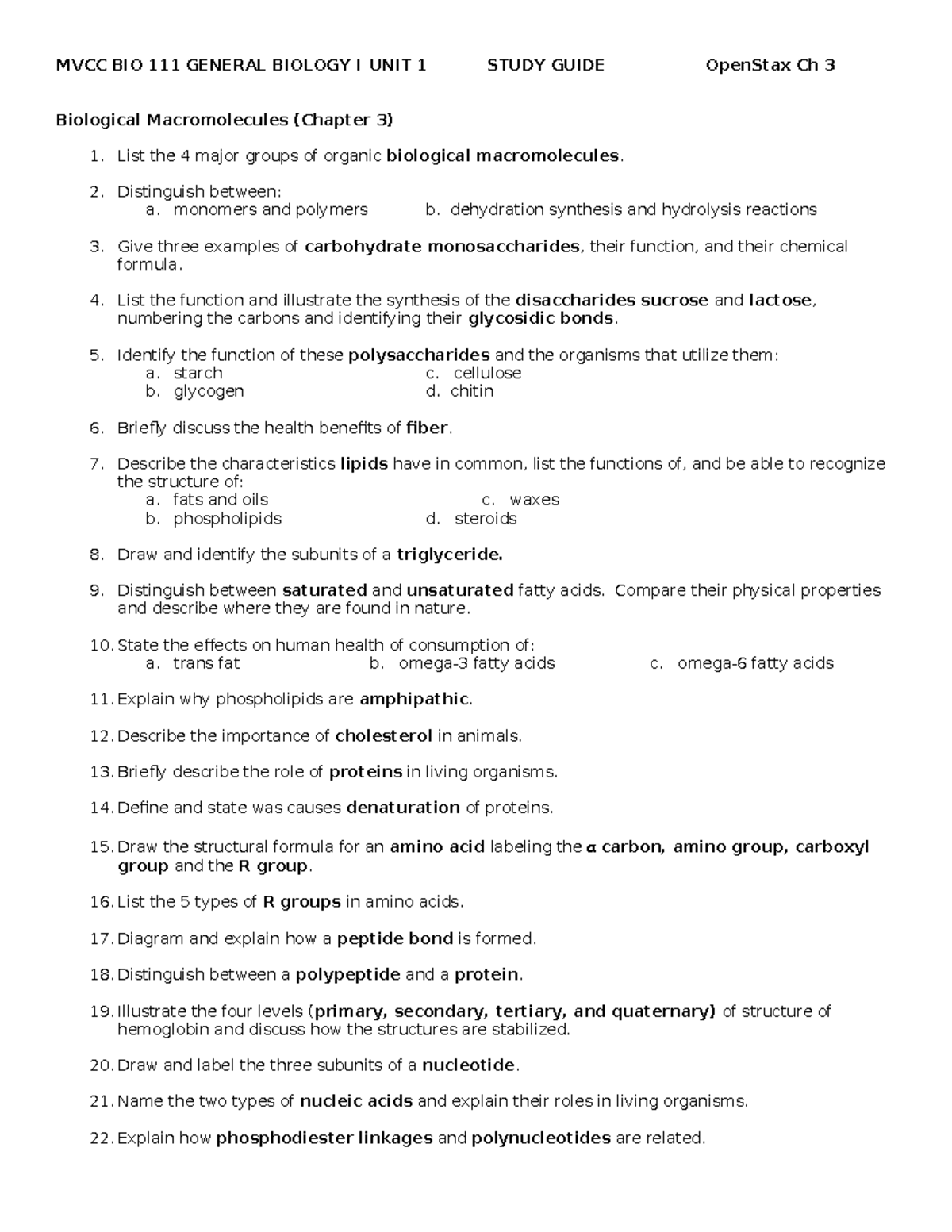 MVCC BIO 101 General Biology I Unit 1 Study Guide: Ch 3 Macromolecules ...