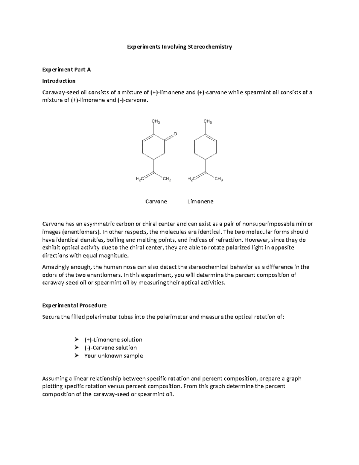 Stereochemistry Experiment: Analyzing Optical Activity in Oils - Studocu