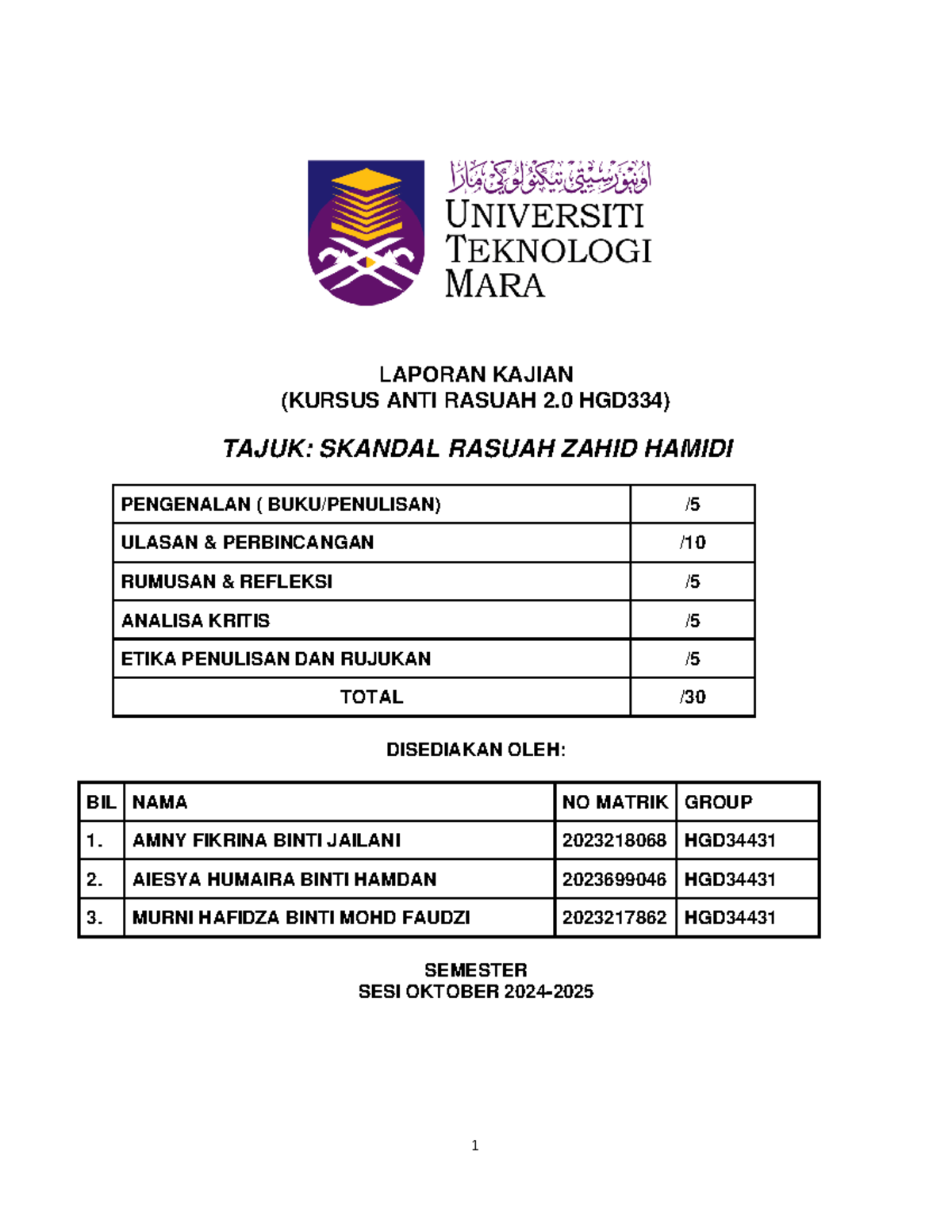 Laporan Kajian Kes Rasuah Zahid Hamidi (KURSUS ANTI RASUAH 2 HGD334) - Studocu