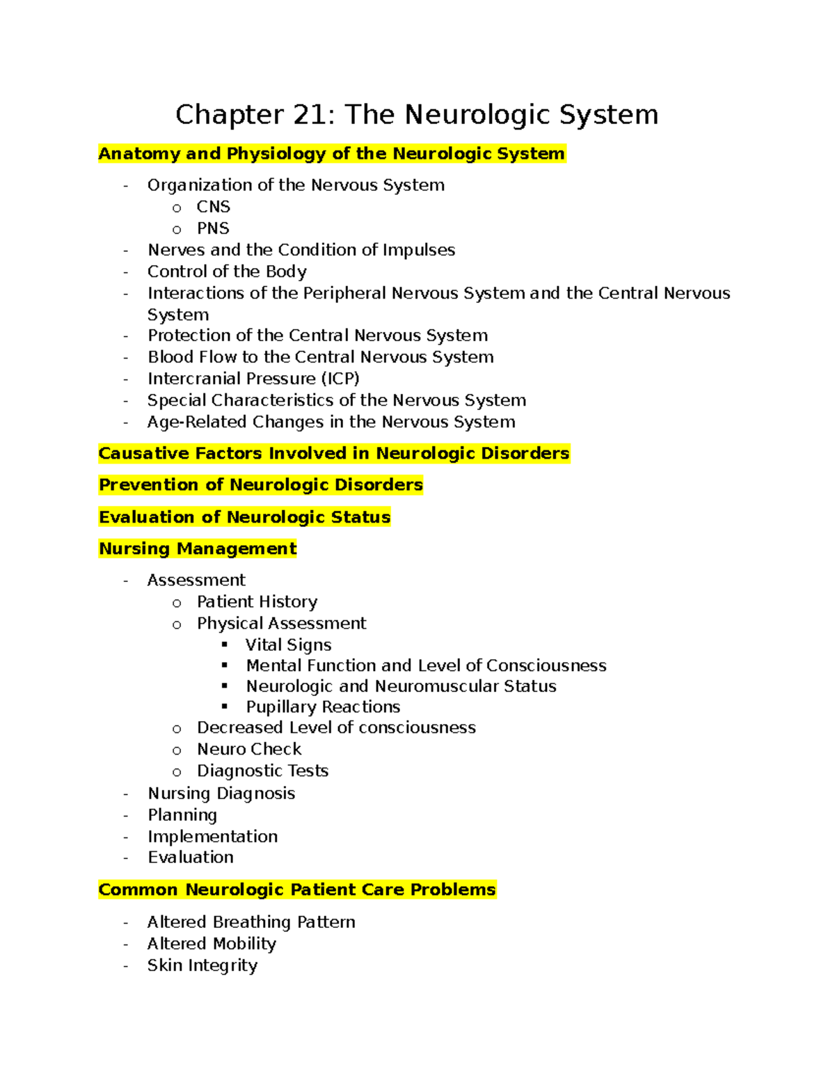 Chapter 21: Neurologic System Anatomy & Physiology Notes - Studocu