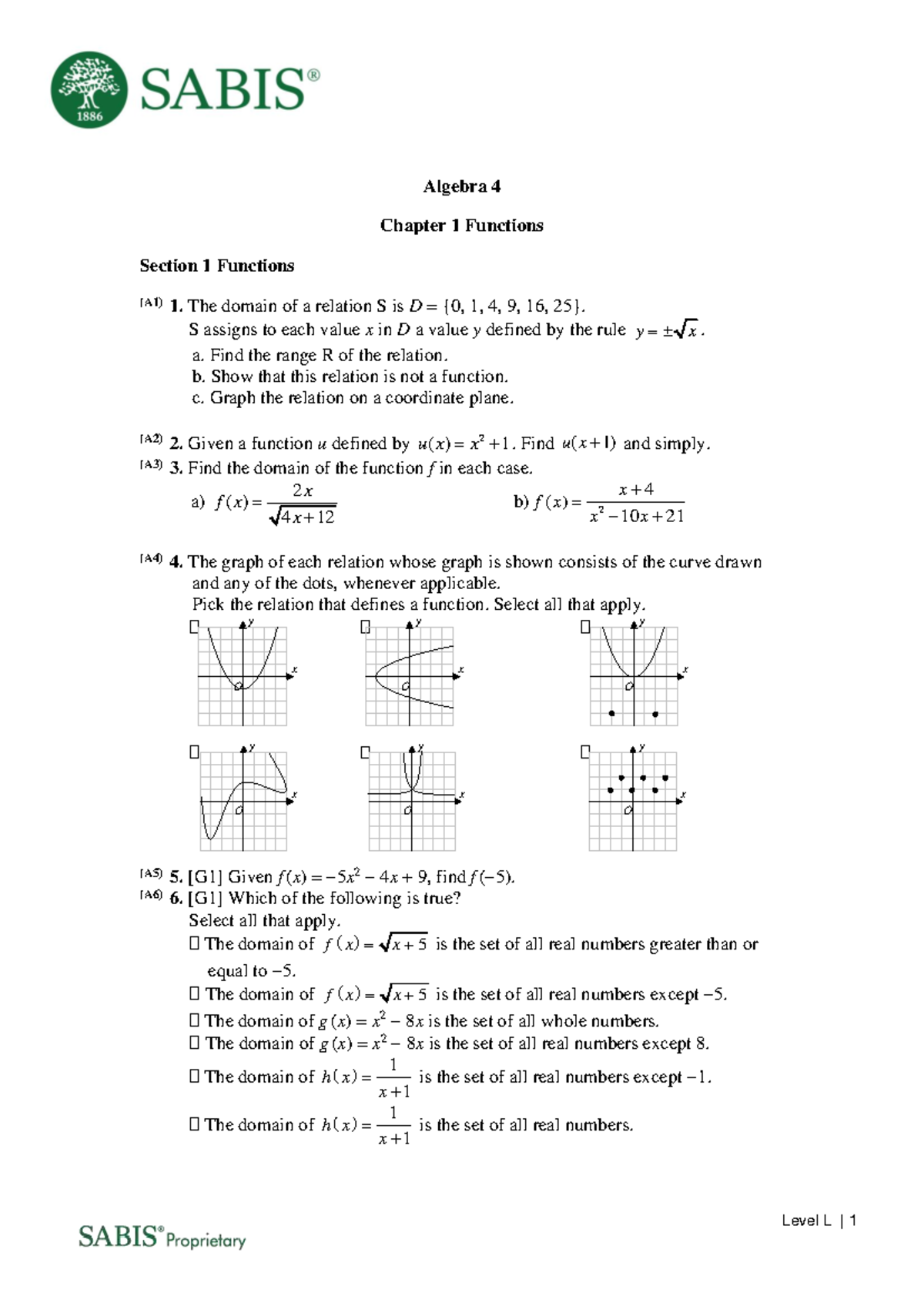 Algebra 4 Course Questions: Functions, Graphs, and Relations (Level LS ...
