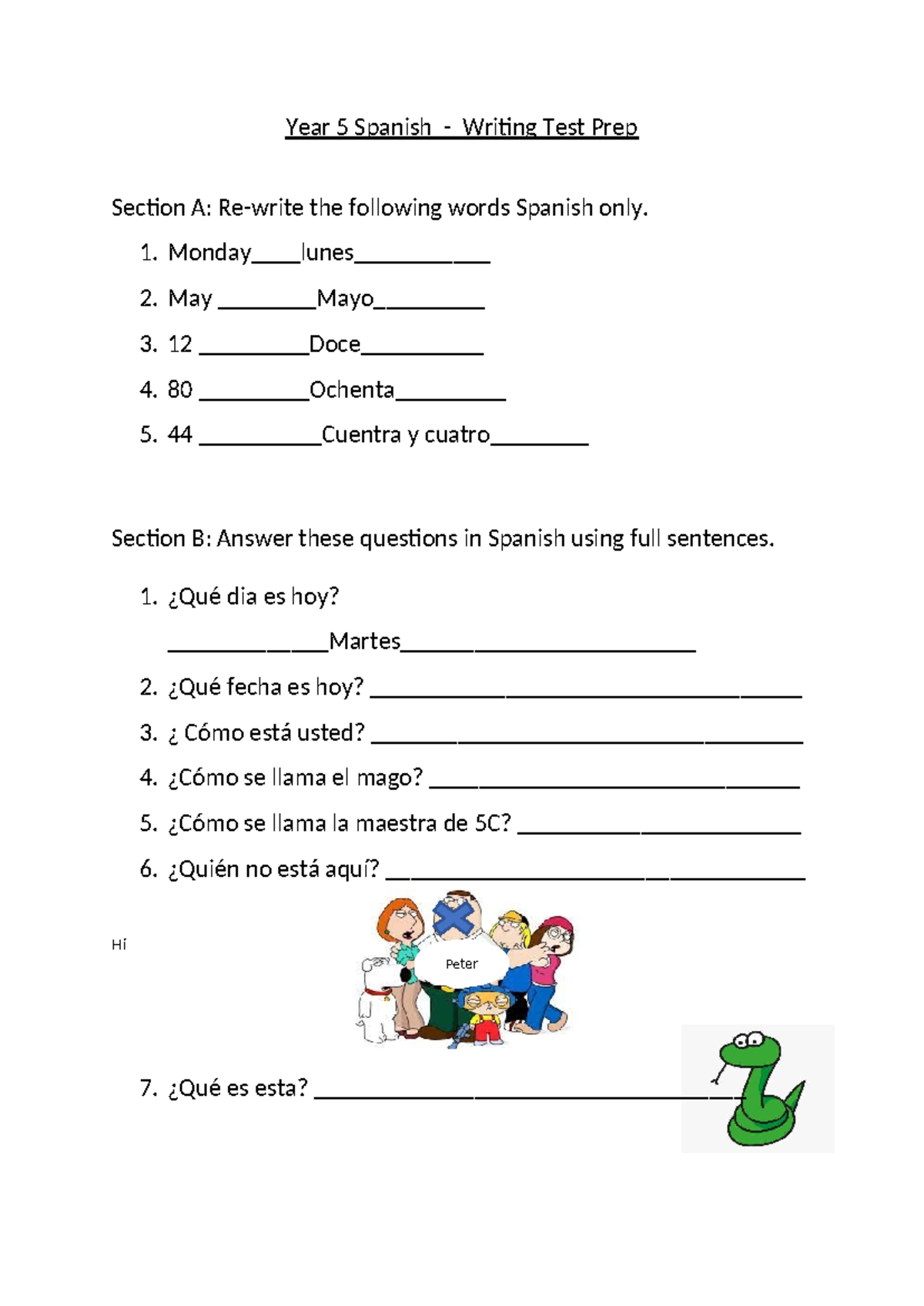 Year 5 Spanish Writing Test Prep: Questions & Vocabulary Practice - Studocu
