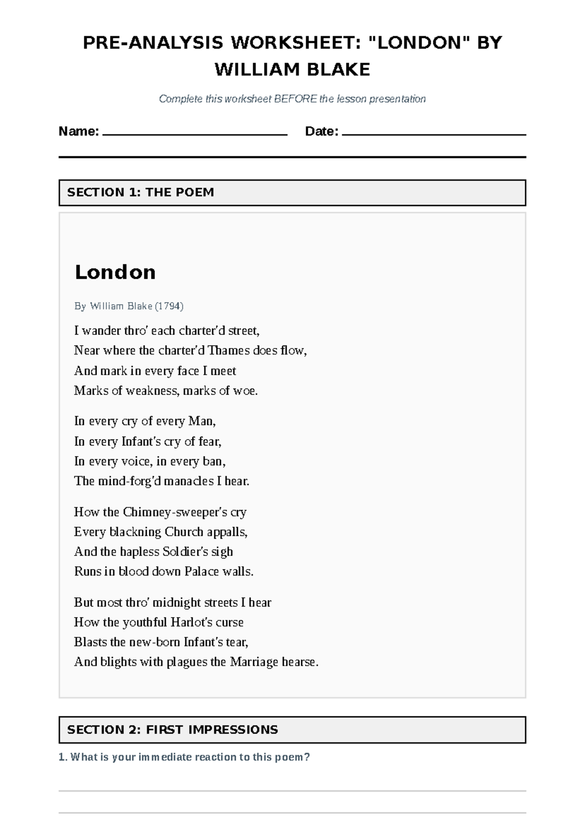 WORKSHEET: WILLIAM BLAKE's "London" Pre-Lesson Analysis - Studocu