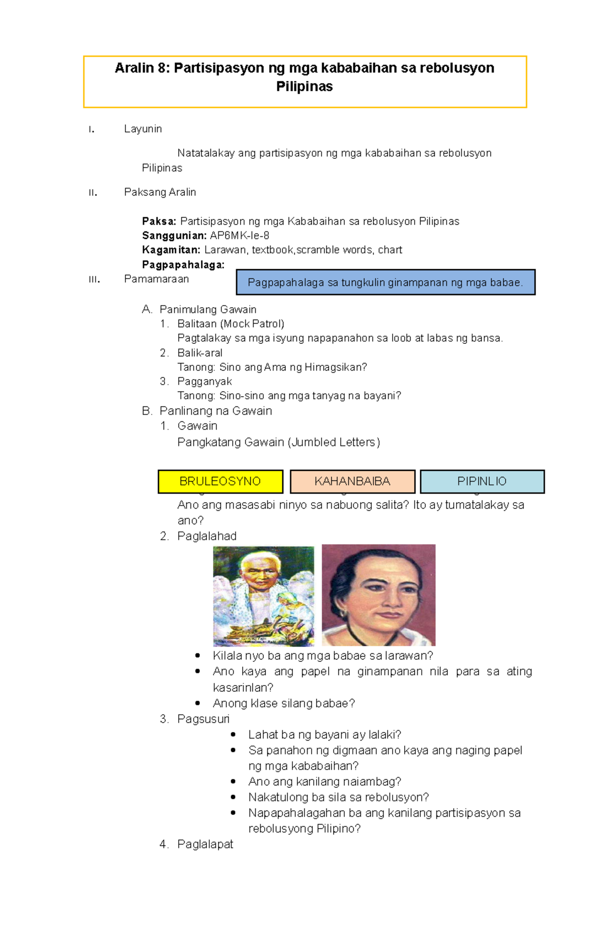 COT 1 Araling Panlipunan 6: Partisipasyon ng Kababaihan sa Rebolusyon - Studocu