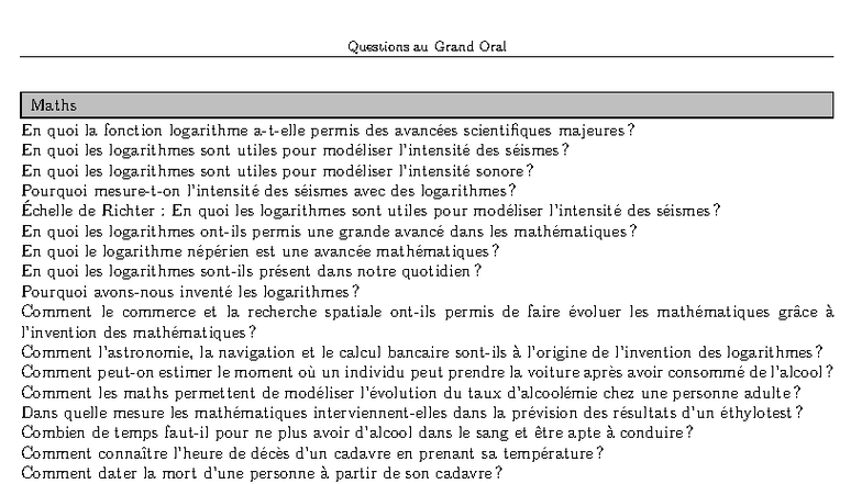 Questions au Grand Oral de Maths : Logarithmes et Modélisations ...