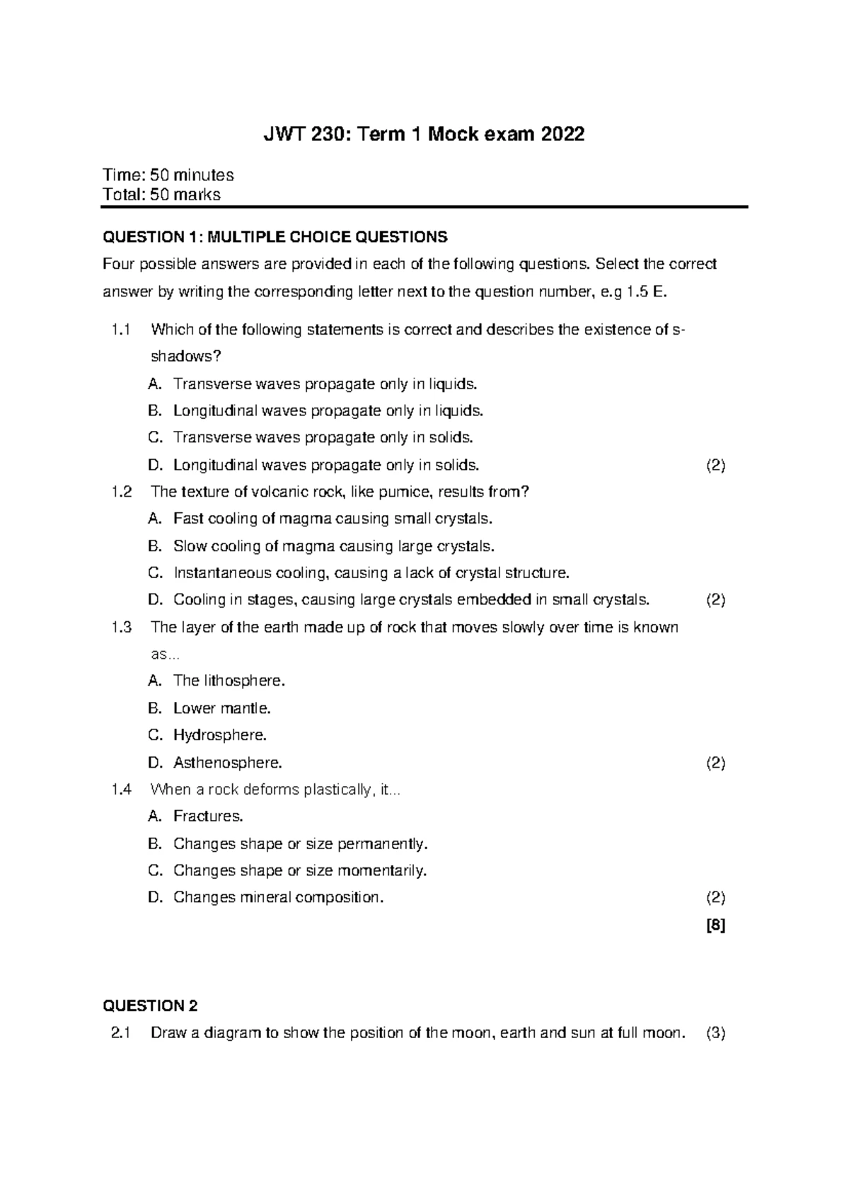 JWT 230: Term 2 Mock Exam Memo & Key Question Insights - Studocu