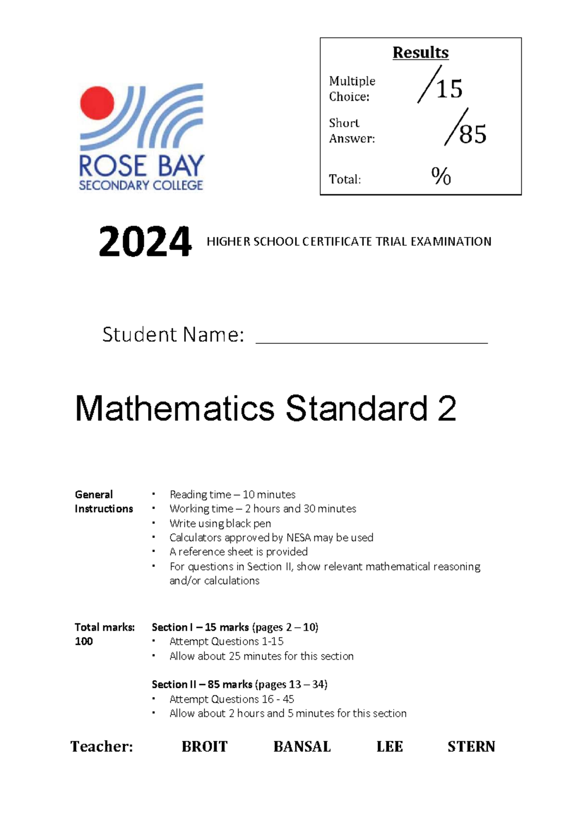 2024 HSC Trial Exam: Mathematics Standard 2 Full Paper - Studocu