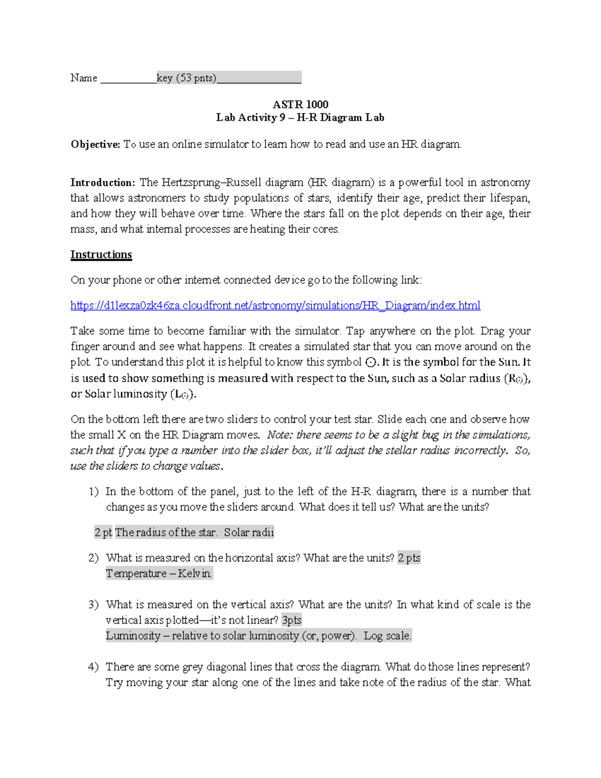 ASTR 1000 Lab9 - H-R Diagram Lab Key and Answers - Studocu