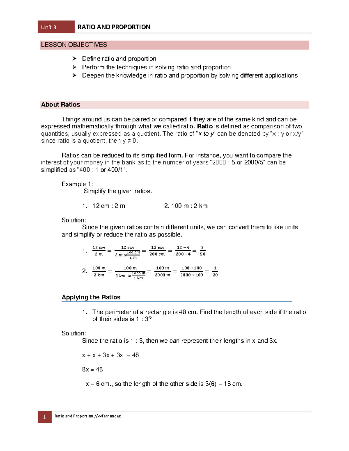 Unit 3: Ratio and Proportion Lesson Objectives and Applications - Studocu