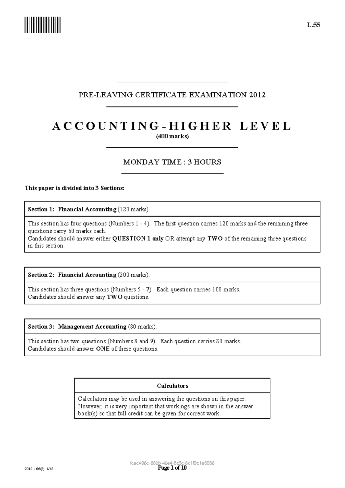 LC DEB Accounting HL 2012 Pre-Exam Paper and Answers Guide - Studocu