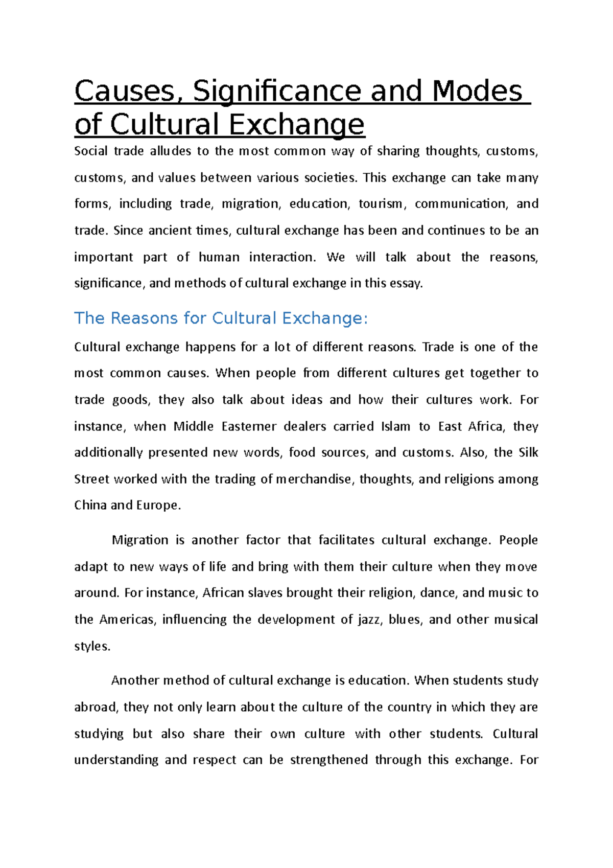 Causes, Significance and Modes of Cultural Exchange - Causes ...