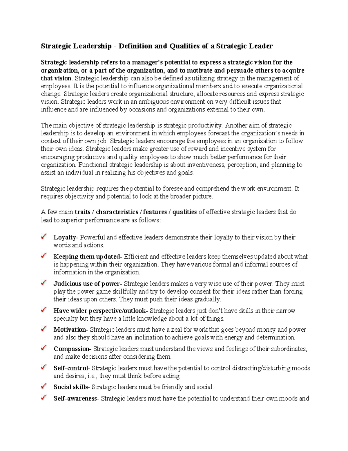 Strategic Leadership: Defining Qualities of Effective Leaders - Studocu