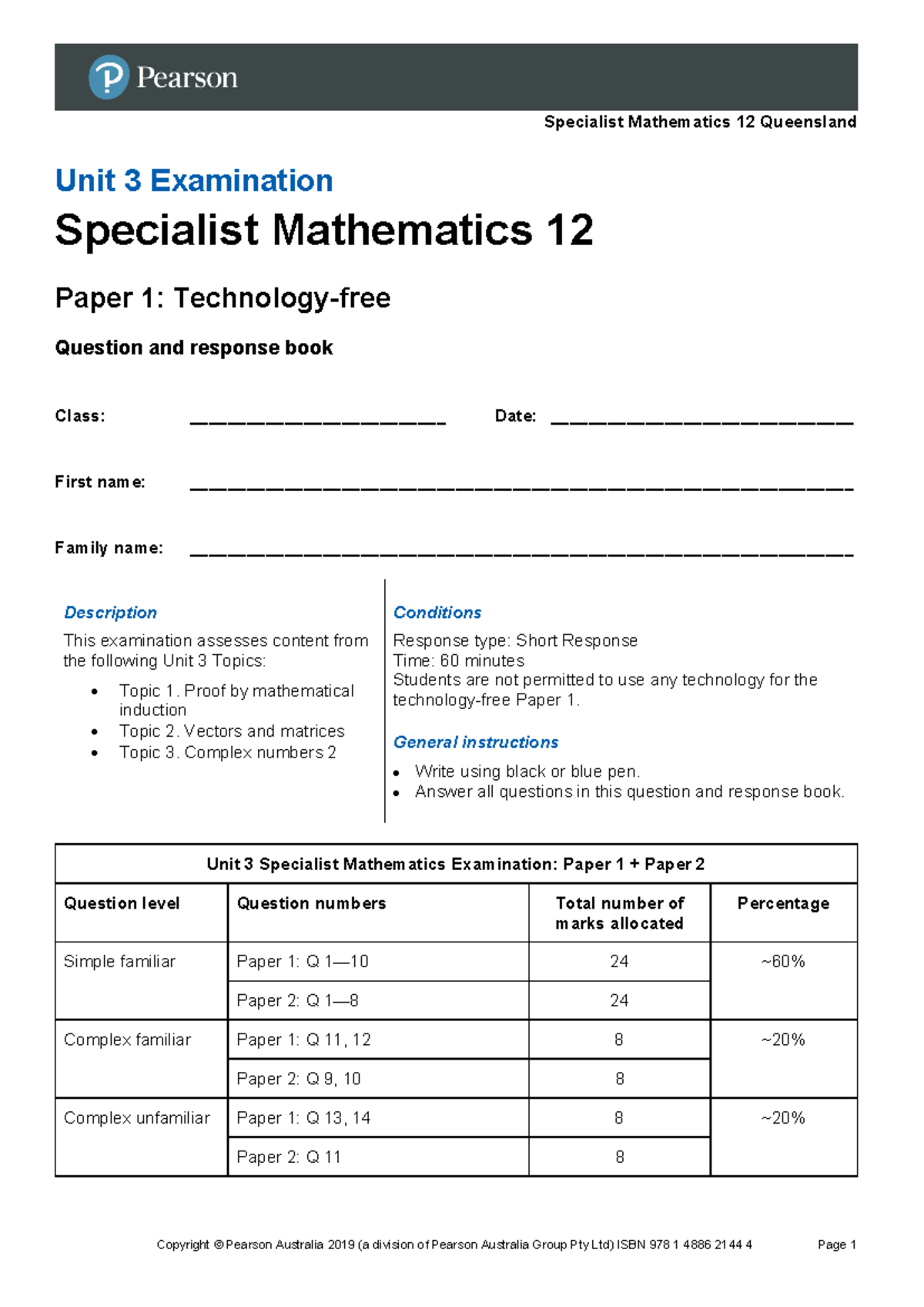 Specialist Maths UNIT 3 Practice Test: Paper 1 Exam Details - Studocu