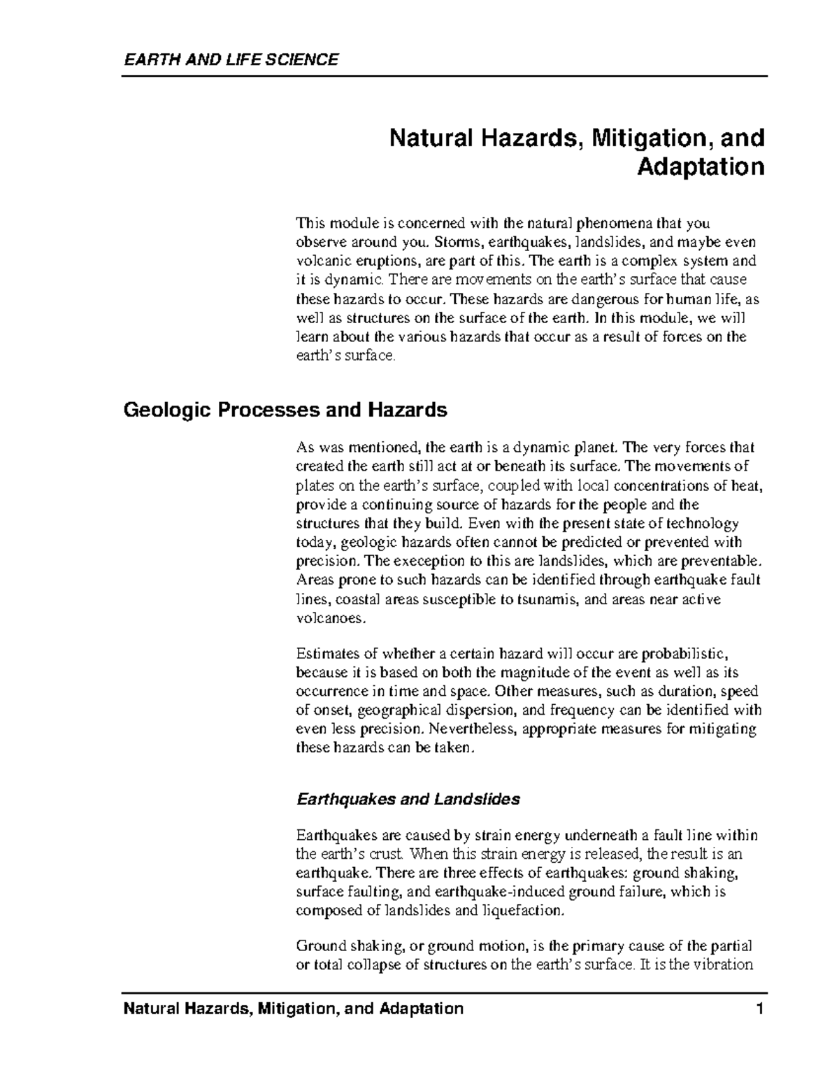 EARTH AND LIFE SCIENCE Week 004: Natural Hazards, Mitigation ...