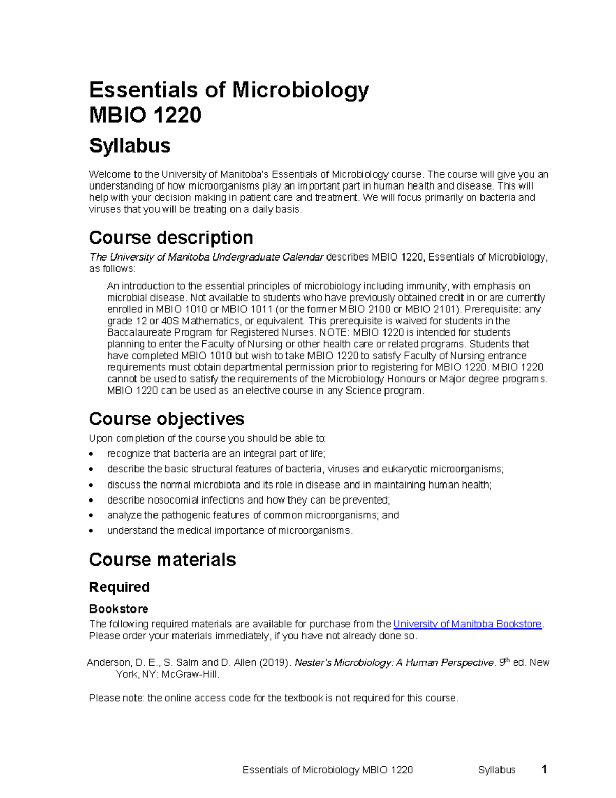 MBIO-1220-Course-Outline-F2019-Distance-Ed. - Essentials of Microbiology MBIO 1220 Syllabus 1 ...