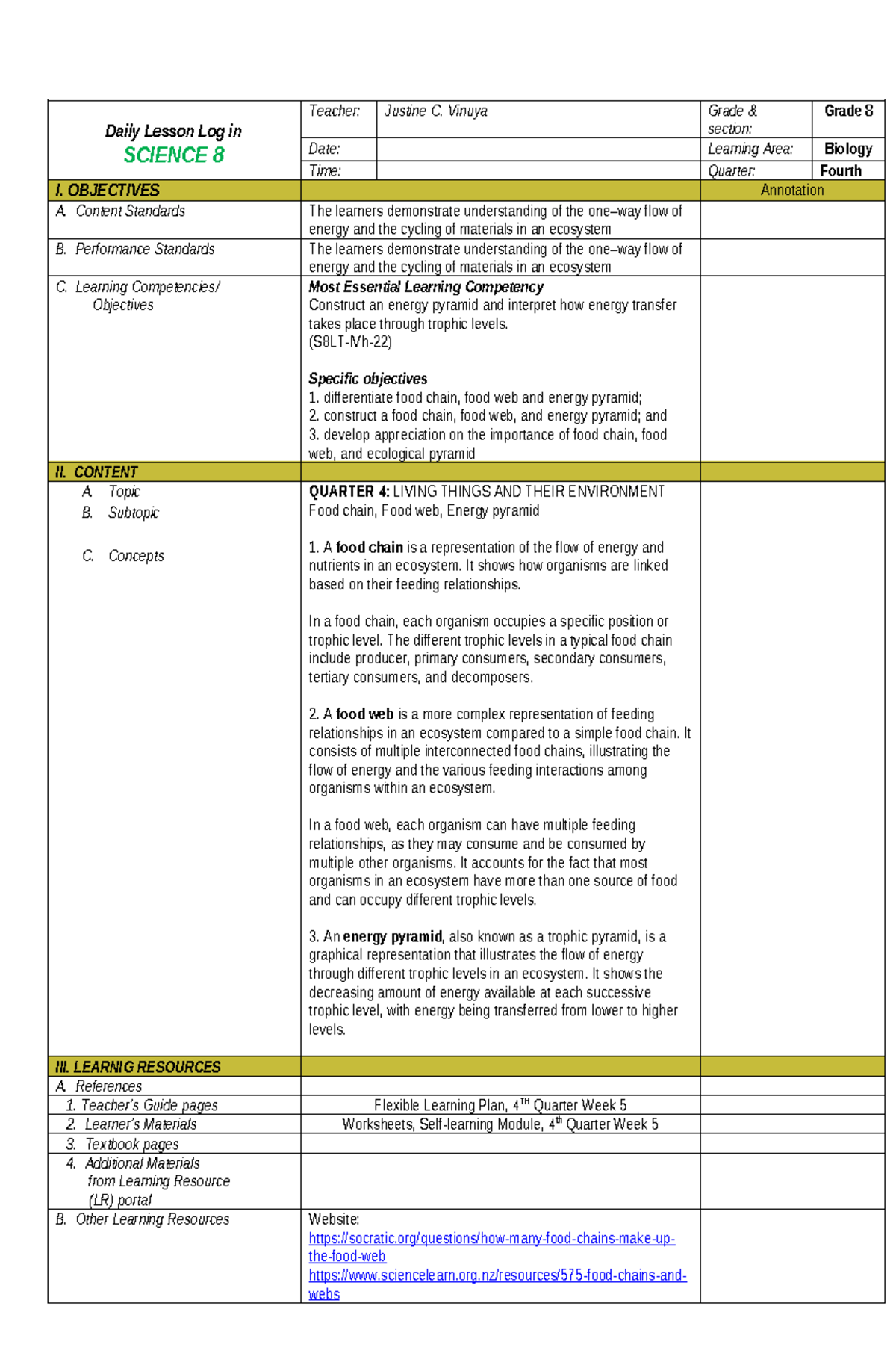 Lesson Plan for Science 8: Ecosystem Energy Flow (4th Quarter) - Studocu