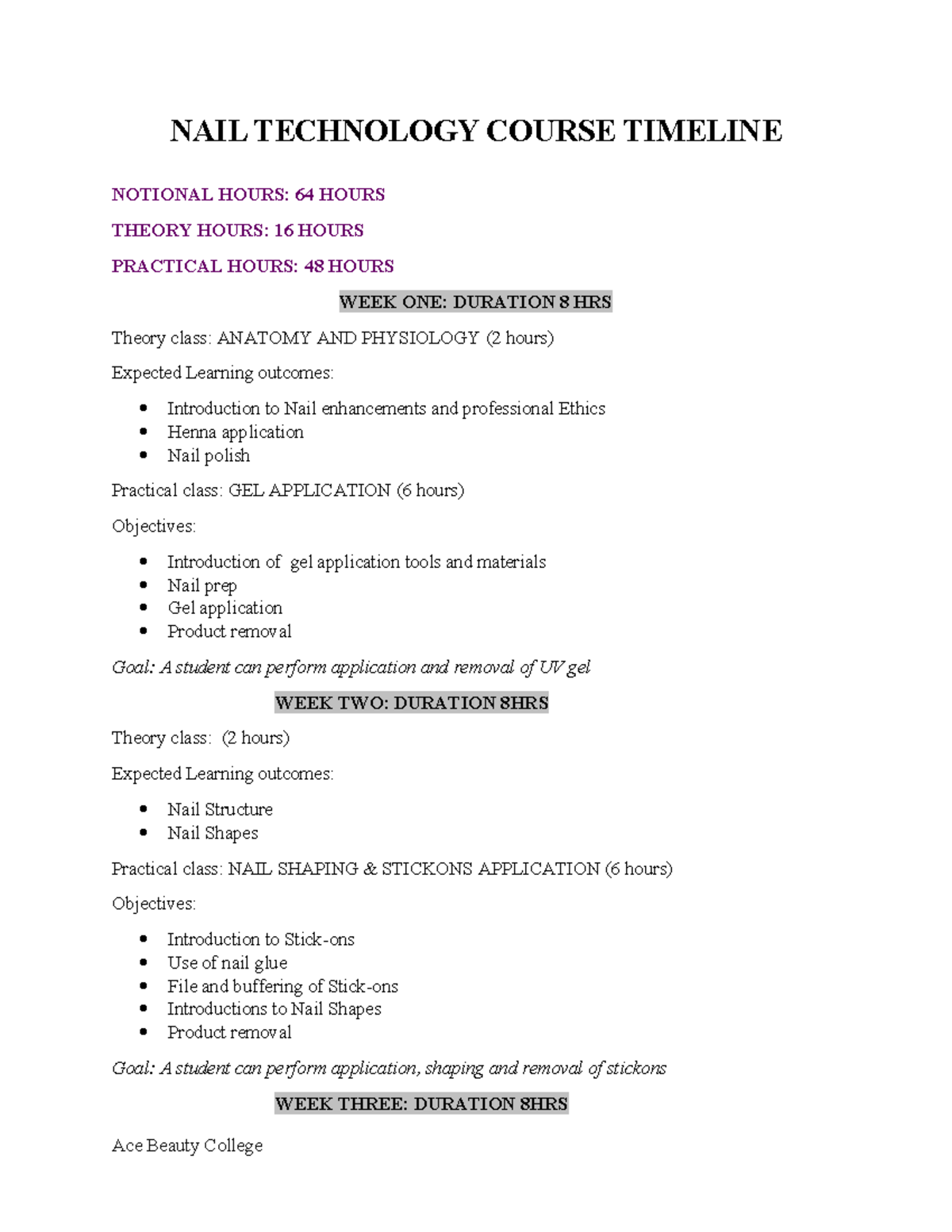 NAIL Technology Course Overview & Timeline (64 Hours) - Studocu